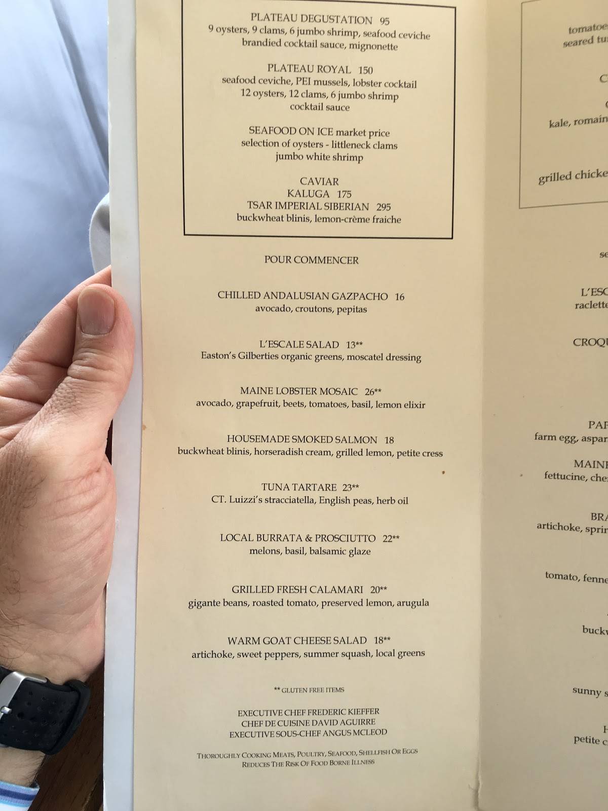 Menu at l'escale restaurant, Greenwich