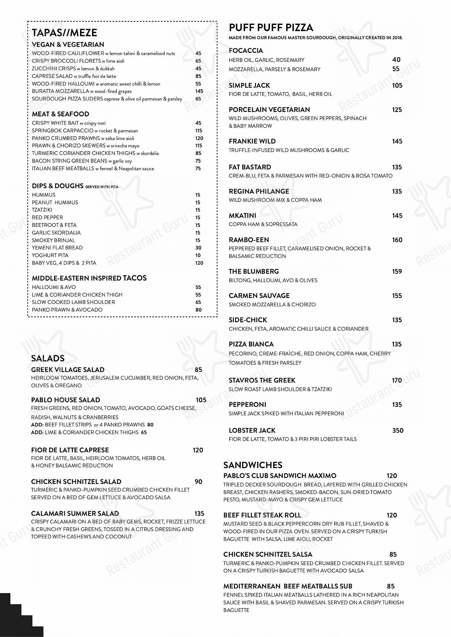 Menu at PABLO Sandton Restaurant, Sandton