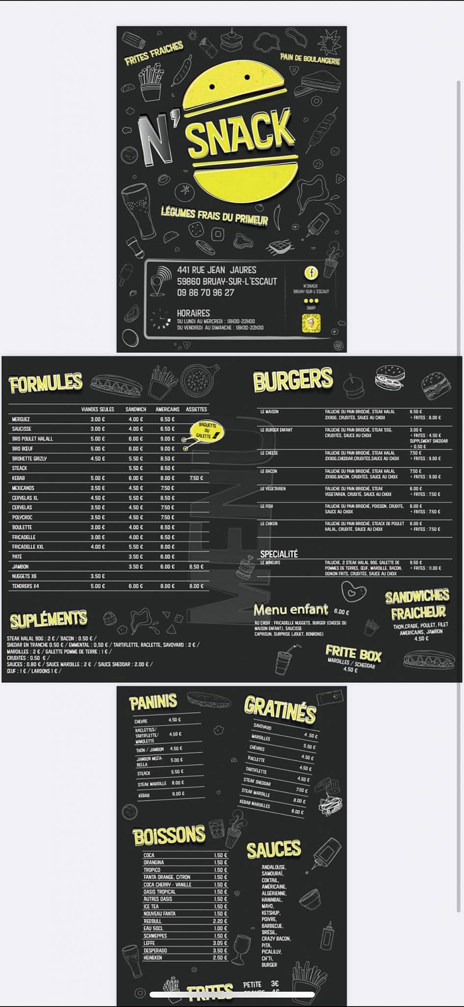Menu au n’snack restaurant, Bruay-sur-l'Escaut