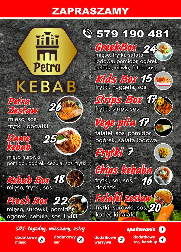 Menu at petra kebab restaurant, Rymanów