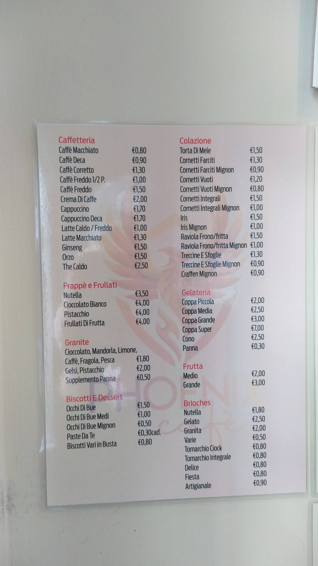 Menu au phoenix cafè pub et bar, Giarre