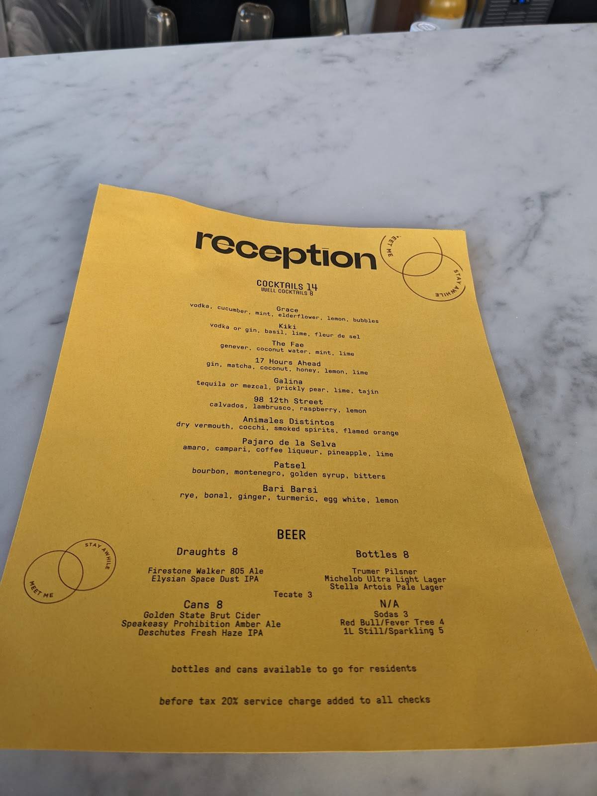 Menu at reception - cocktail bar + social, San Francisco, 30 Otis St