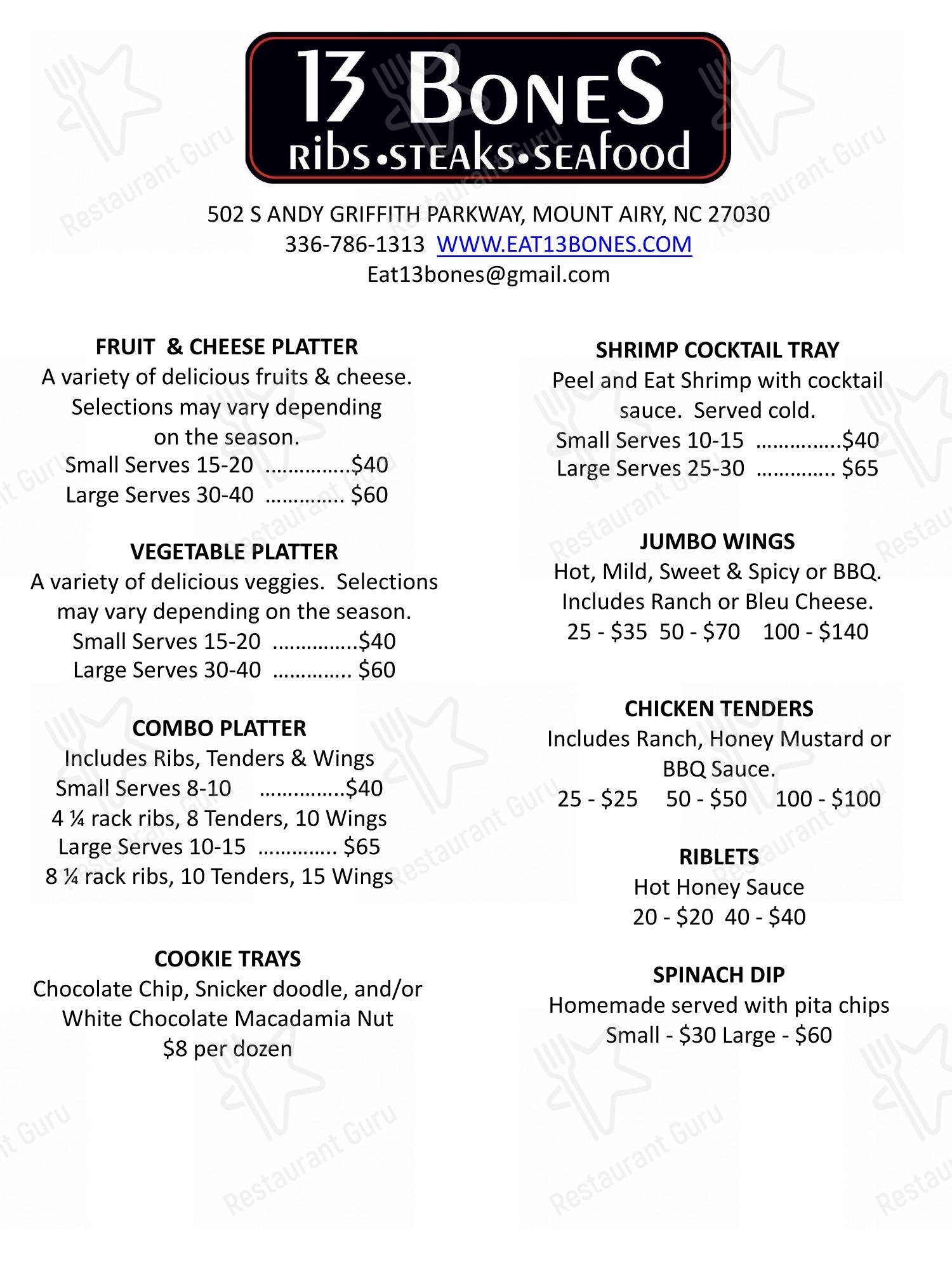 Menu at 13 Bones Restaurant, Mount Airy