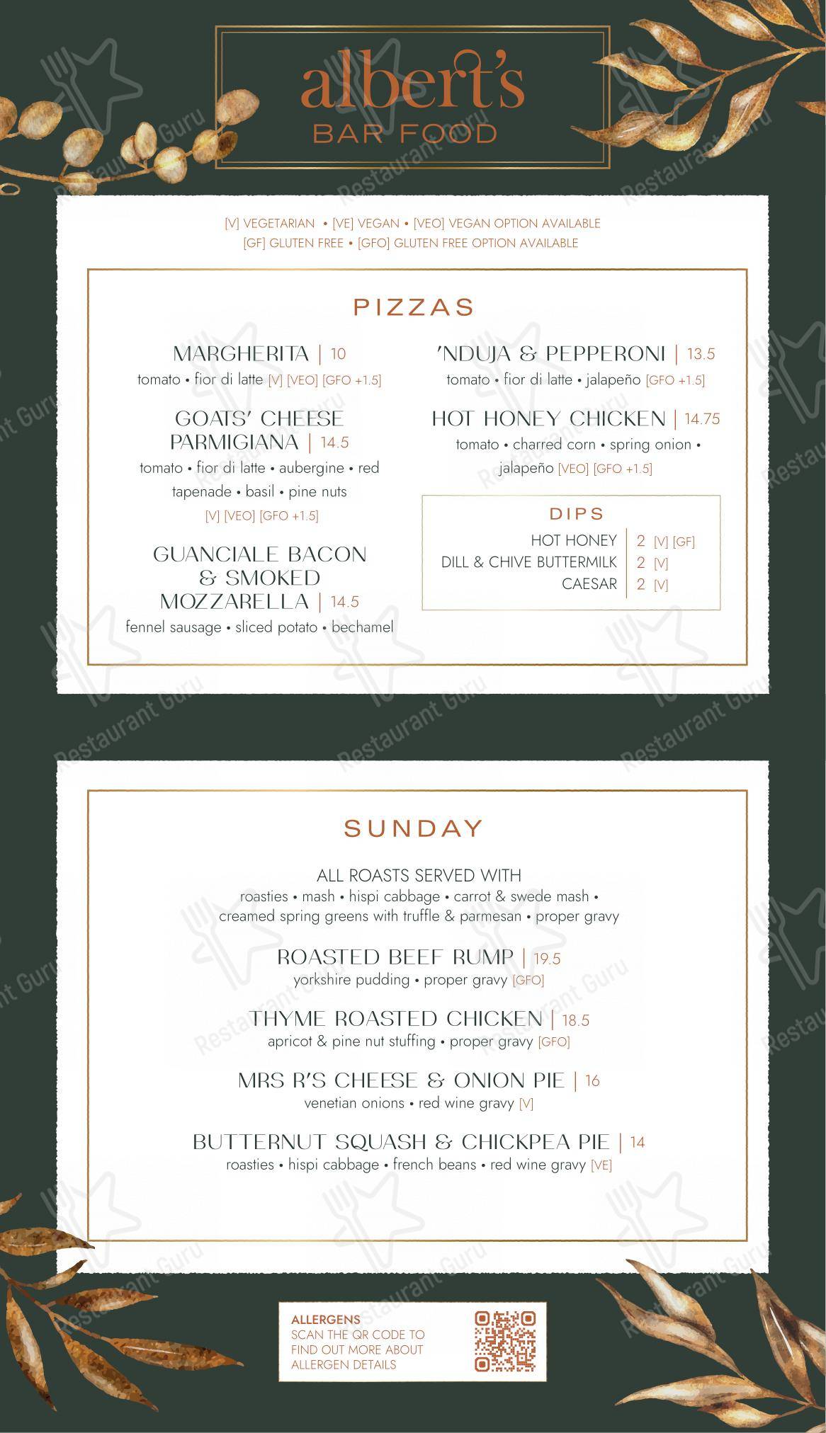 Menu at Albert's Standish restaurant, Wigan