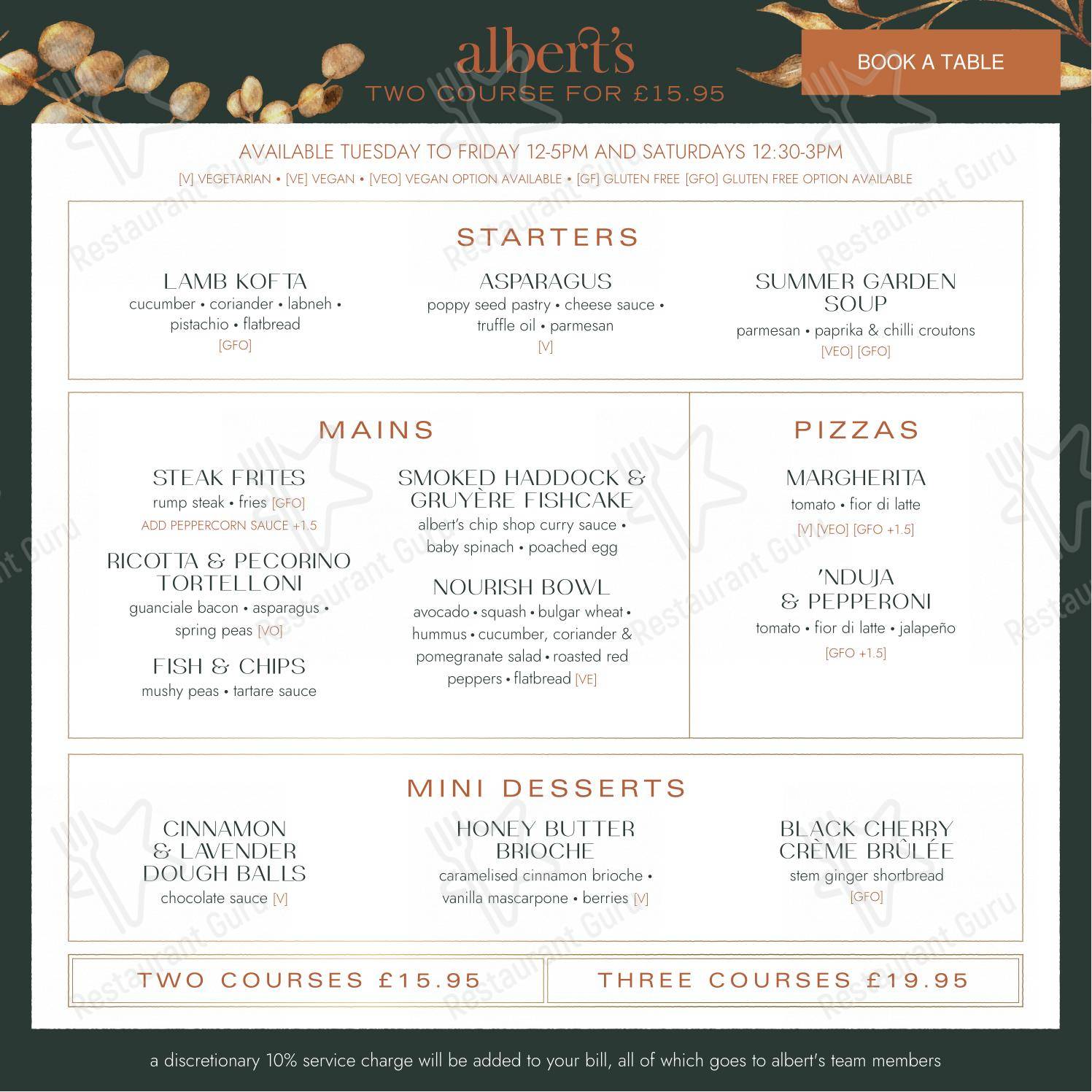 Menu at Albert's Standish restaurant, Wigan
