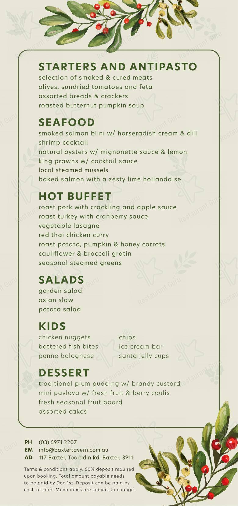 Menu at Baxter tavern pub & bar, Baxter