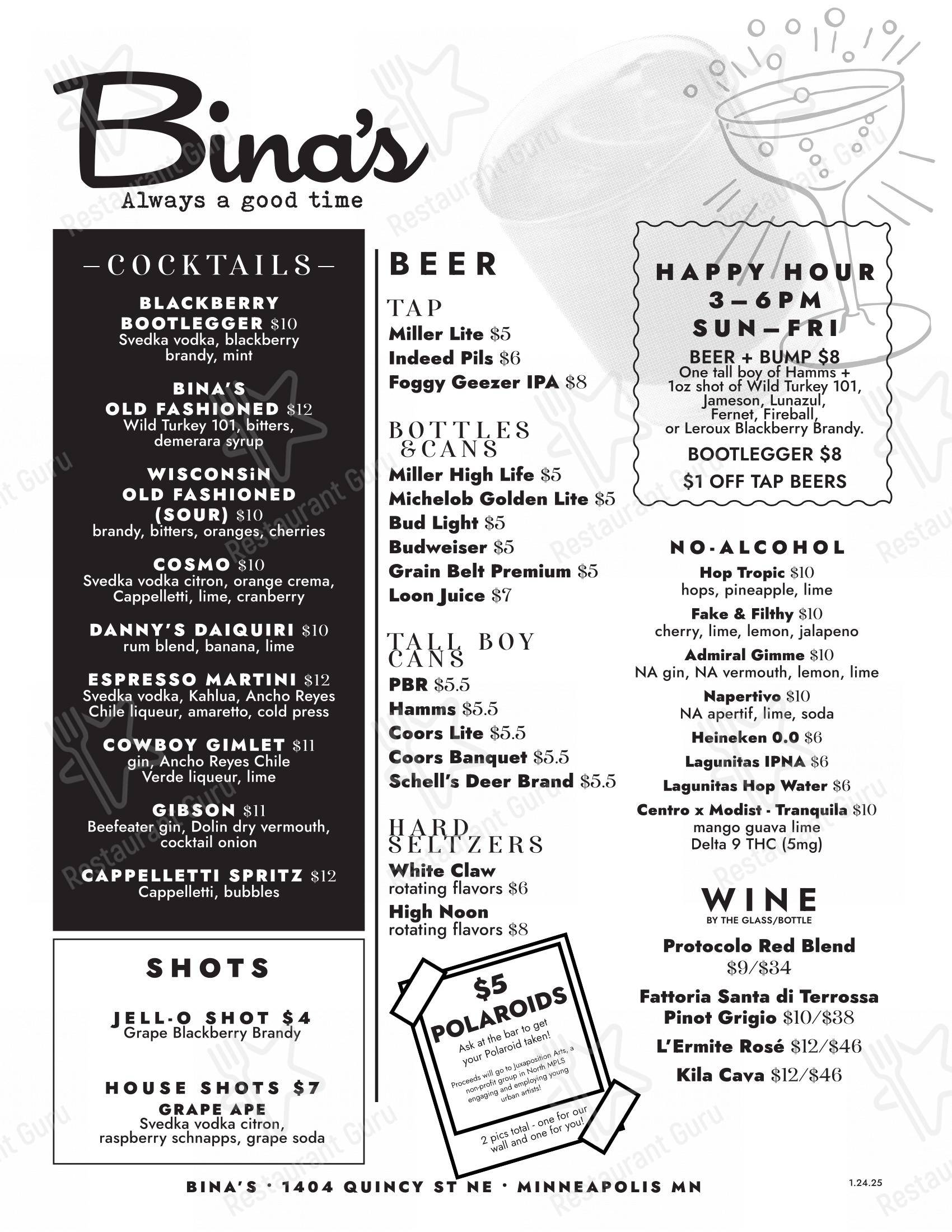 Menu at Bina's pub & bar, Minneapolis
