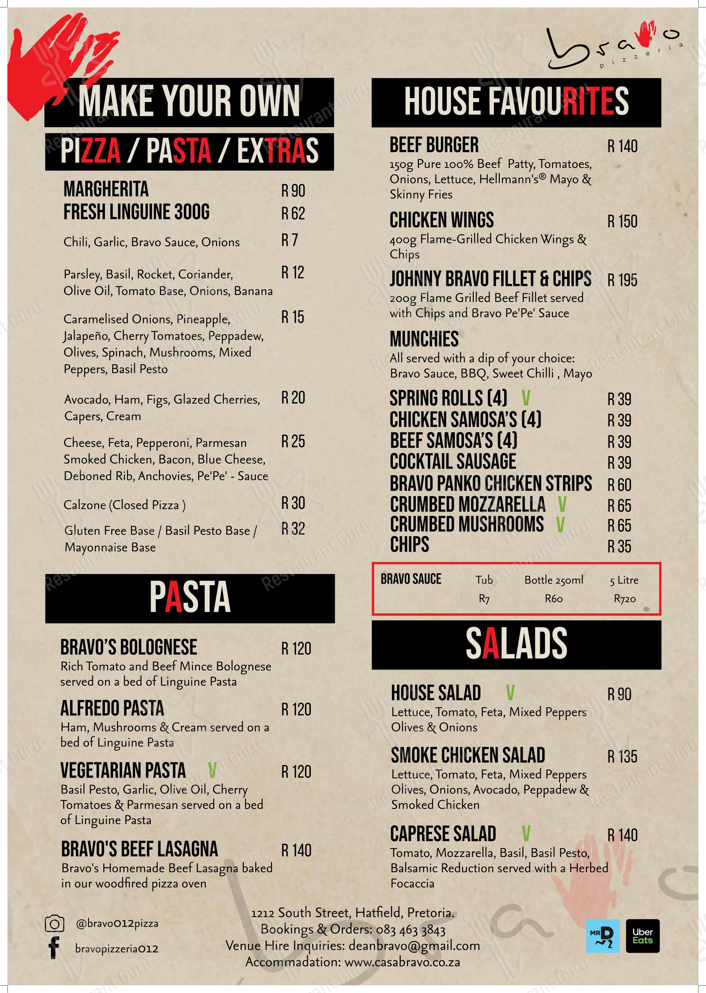 Speisekarte von Bravo Pizzeria Hatfield, Pretoria