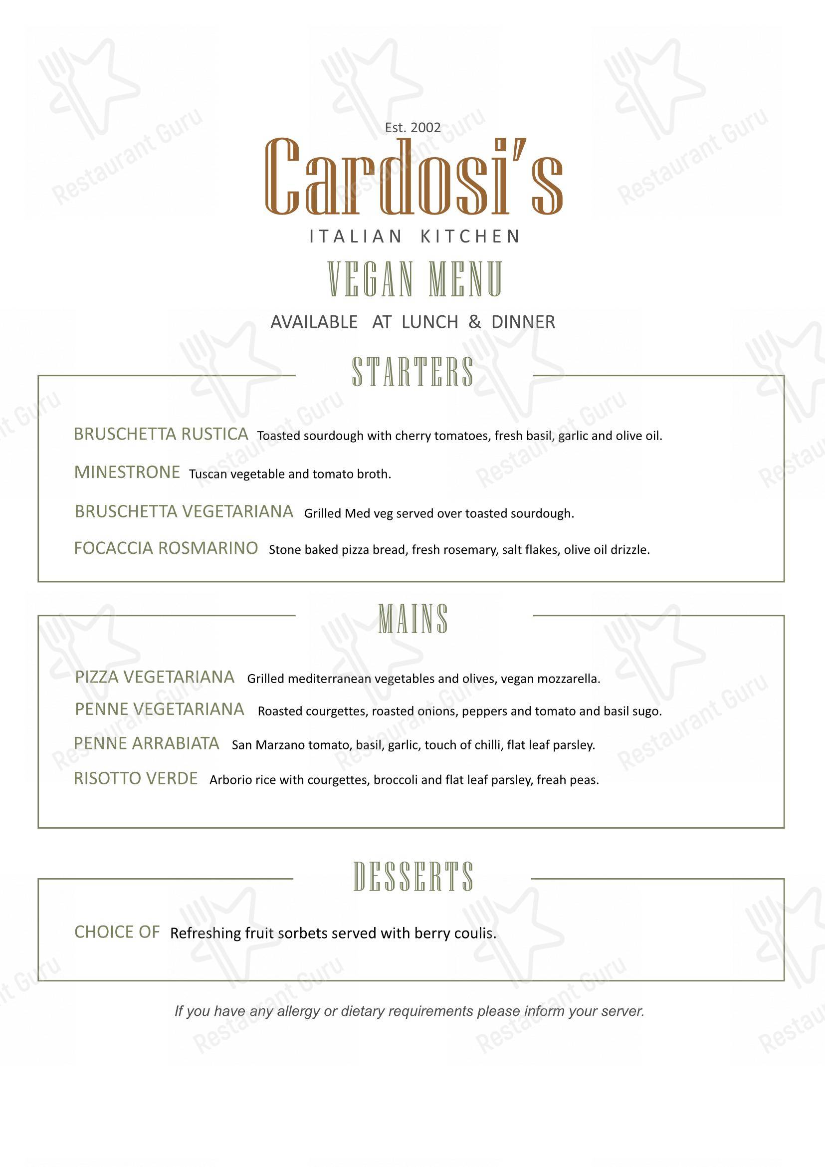 Menu at Cardosi's restaurant, Paisley, 4 Storie St