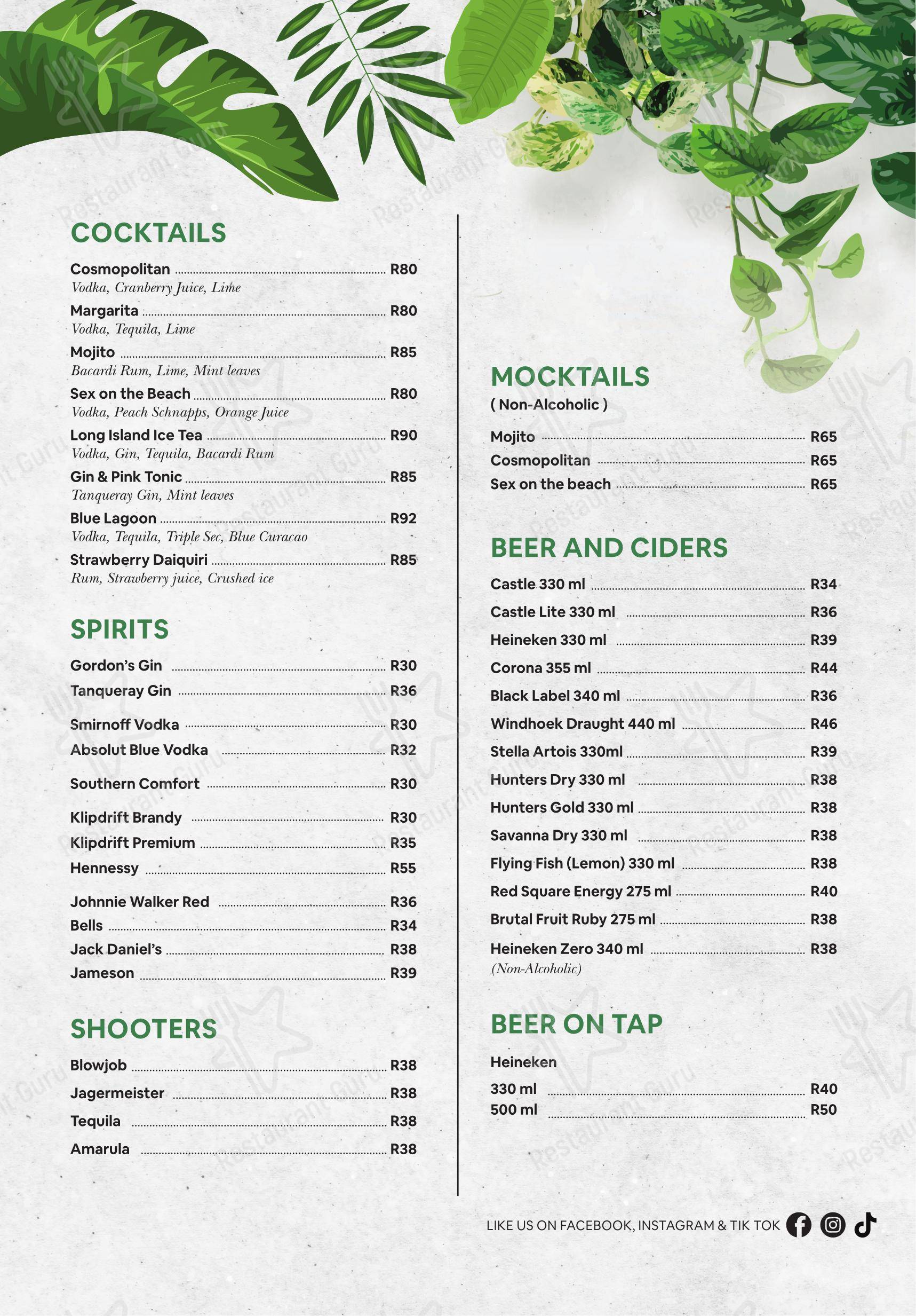 Menu at Centre Court Pavillion restaurant, Westville, 301