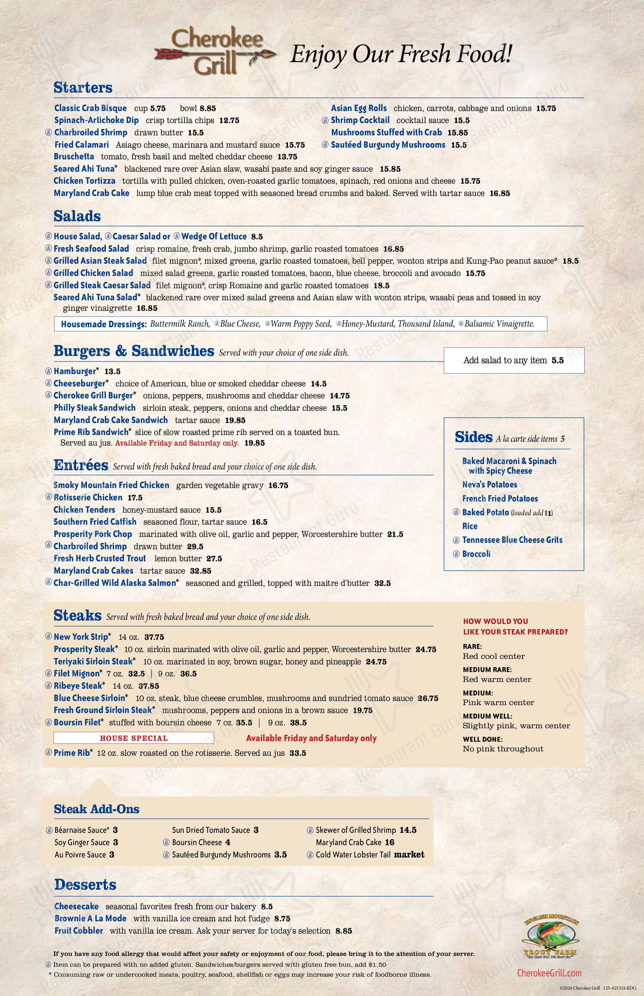 Menu at Cherokee Grill and Steakhouse, Gatlinburg