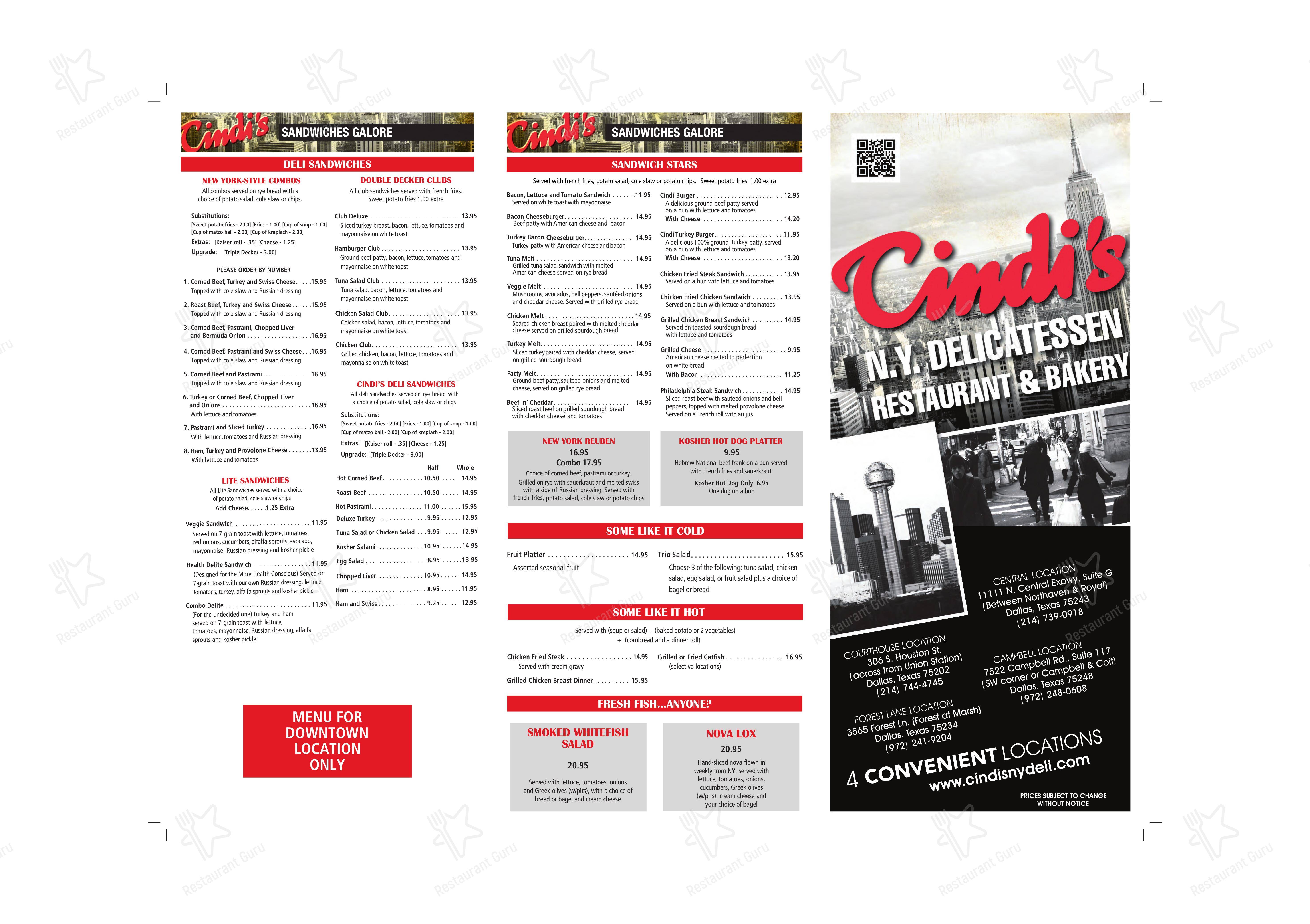 Menu at Cindi’s NY Deli & Restaurant, Dallas, Forest Ln