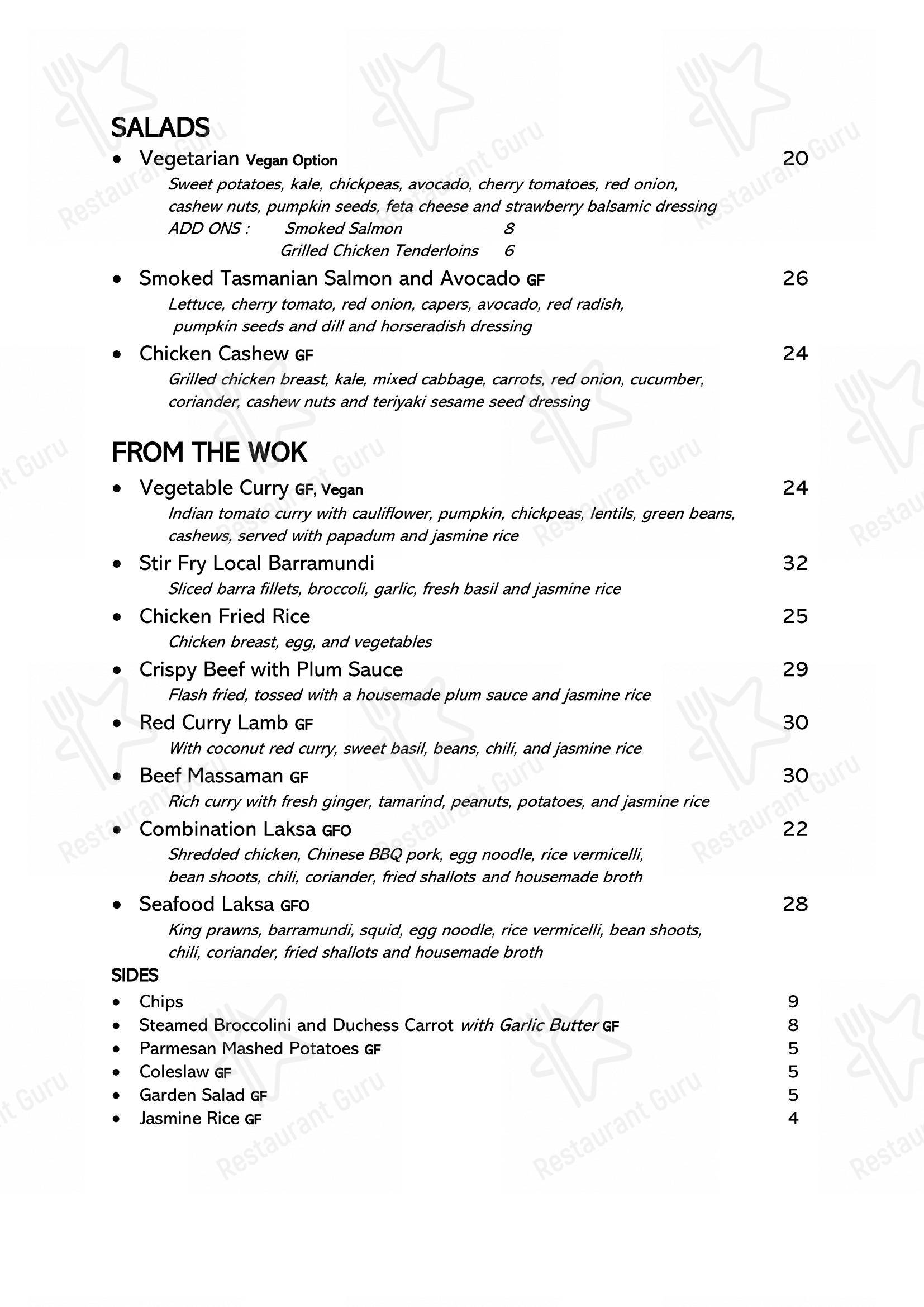 Menu at Darwin Sailing Club, Fannie Bay