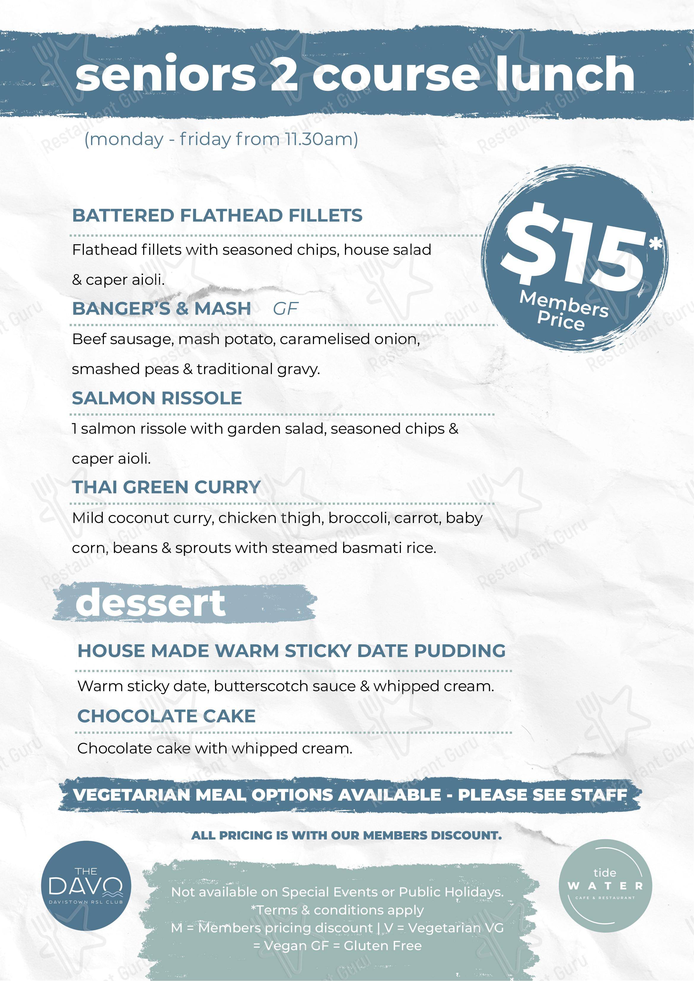 Menu at Davistown RSL Club (The Davo), Davistown