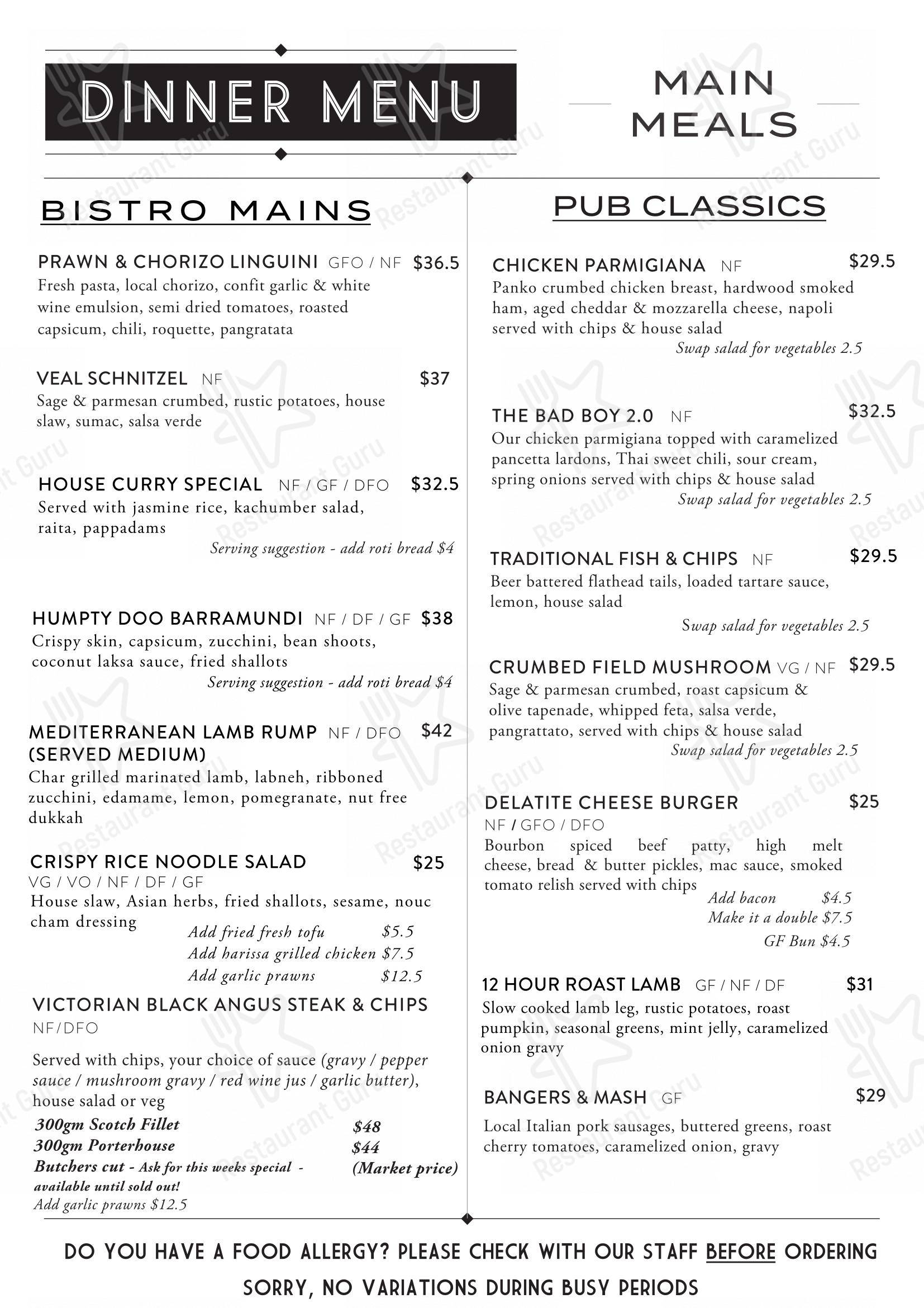 Menu at Delatite Hotel, Mansfield pub & bar, Mansfield
