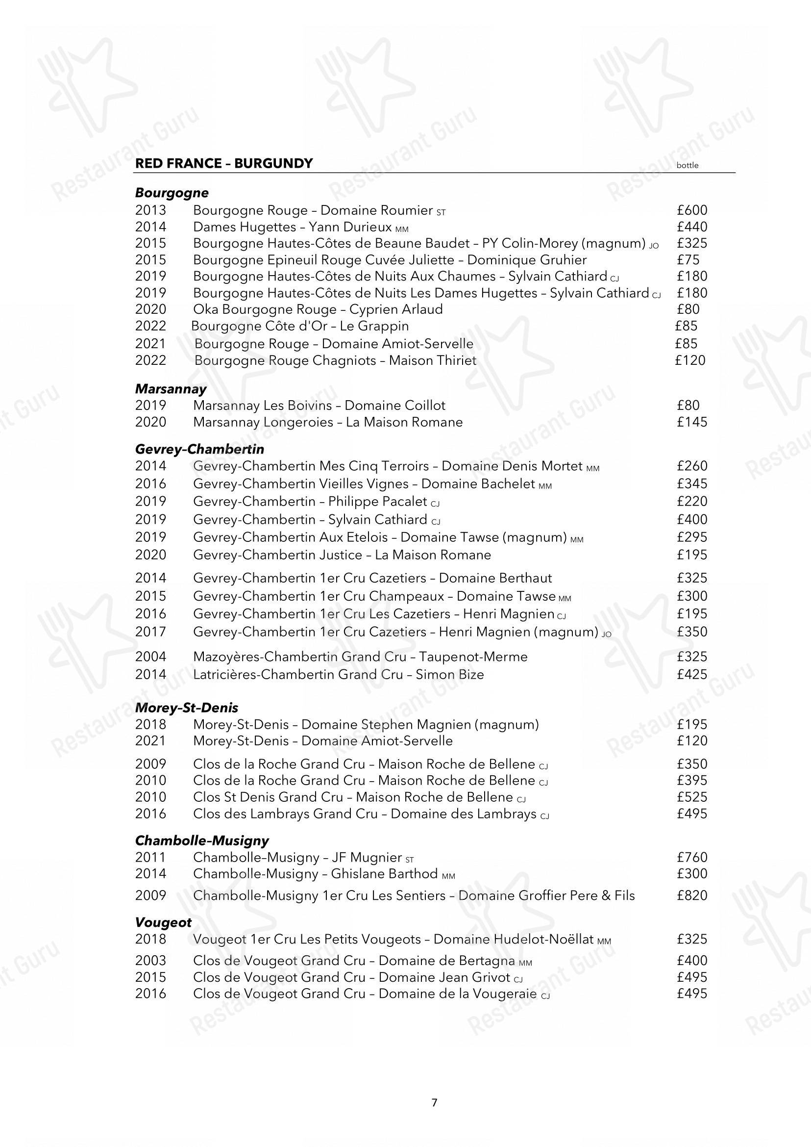 Menu at Dorian Restaurant, London
