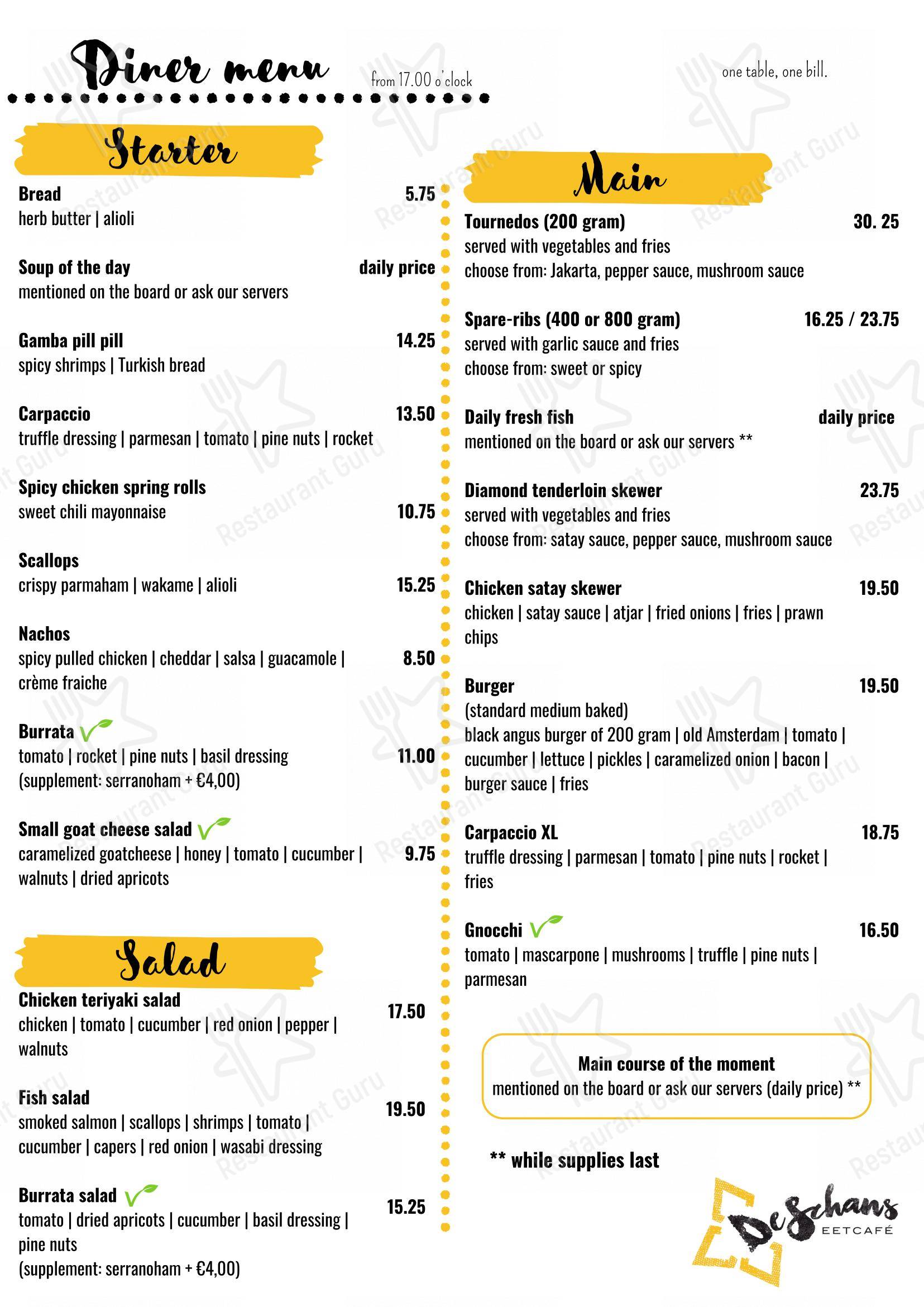 Menu at Eetcafé De Schans, Vinkeveen