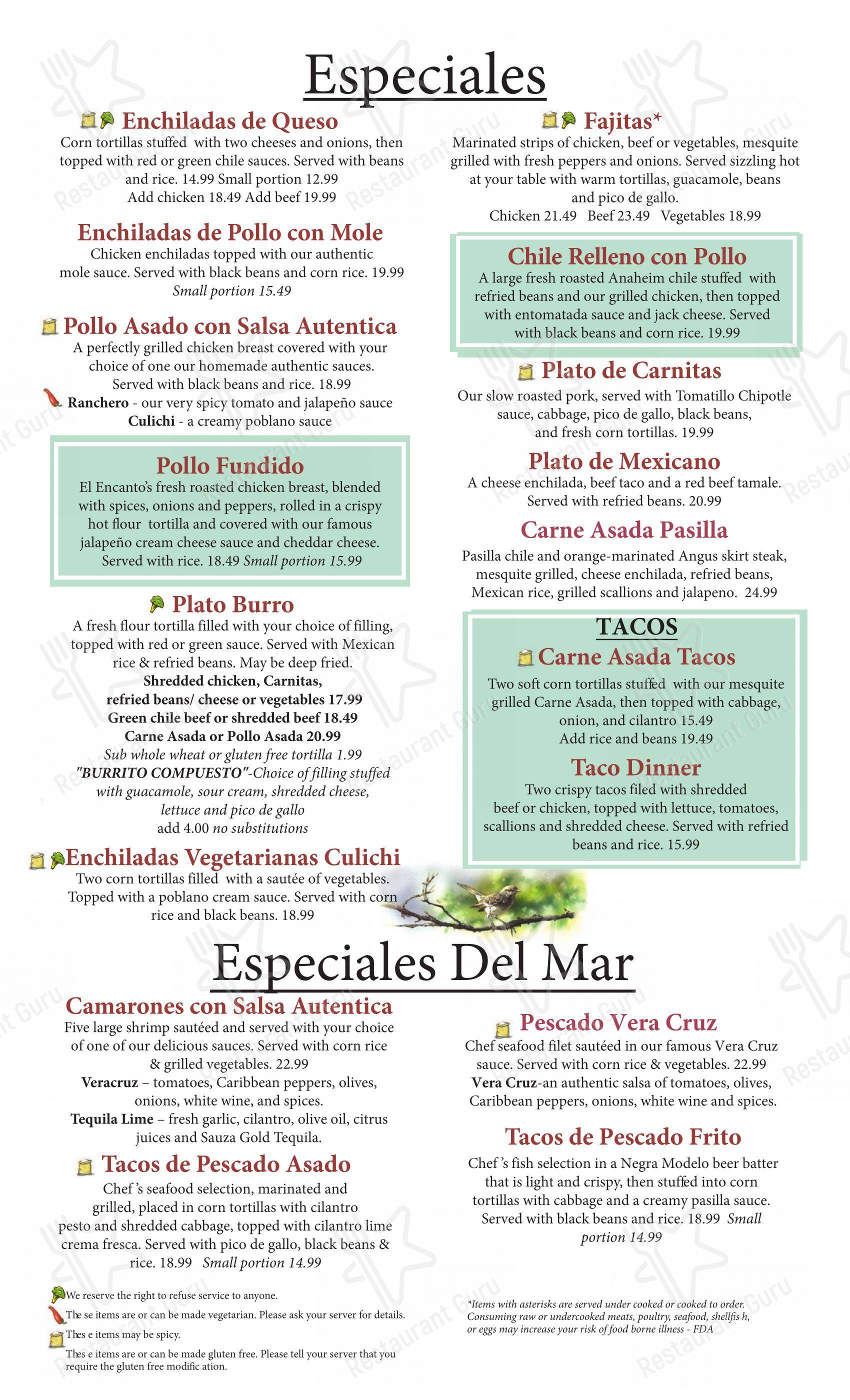Menu at El Encanto restaurant, Cave Creek, E Cave Creek Rd