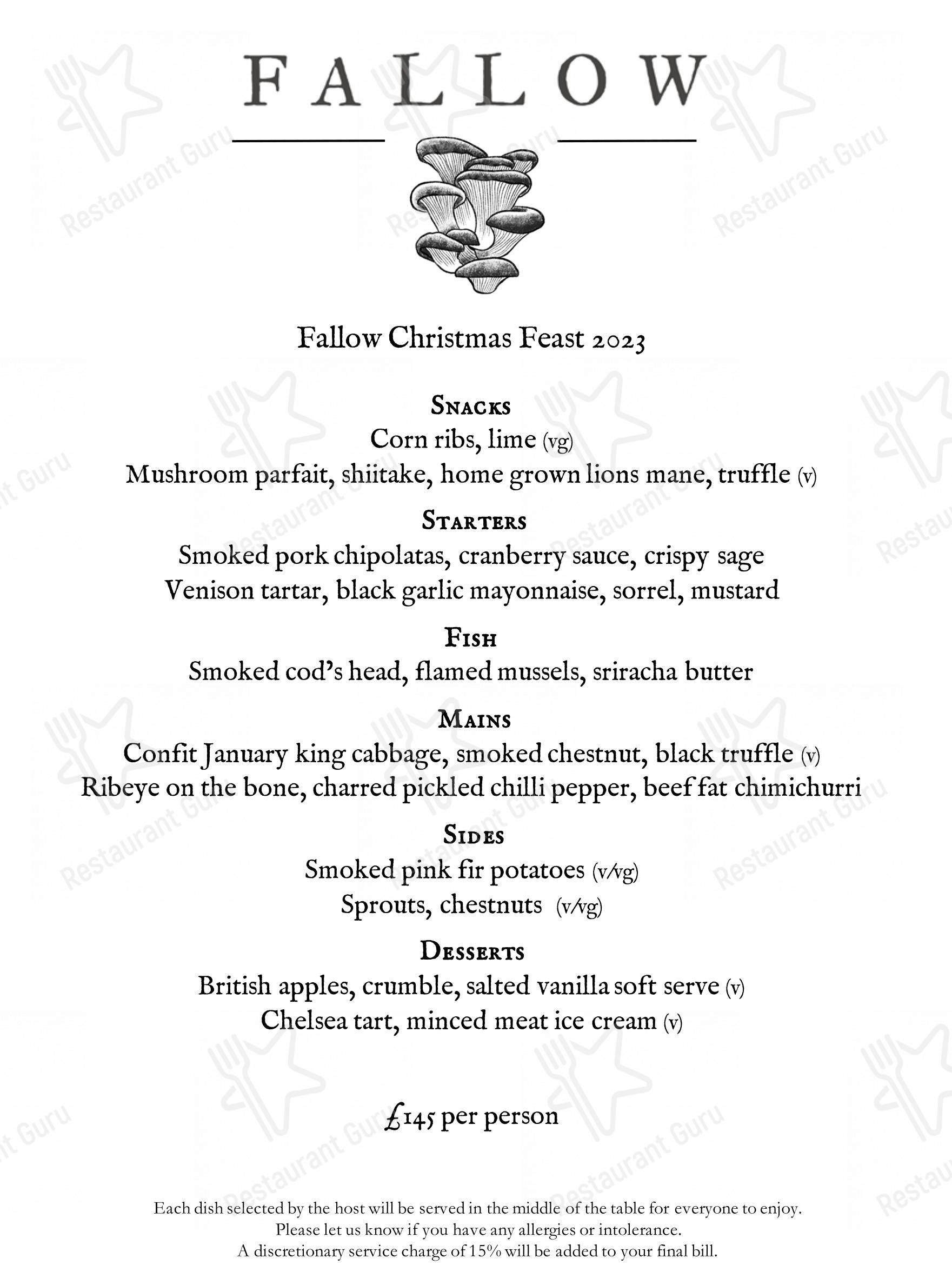 Menu at Fallow restaurant, London