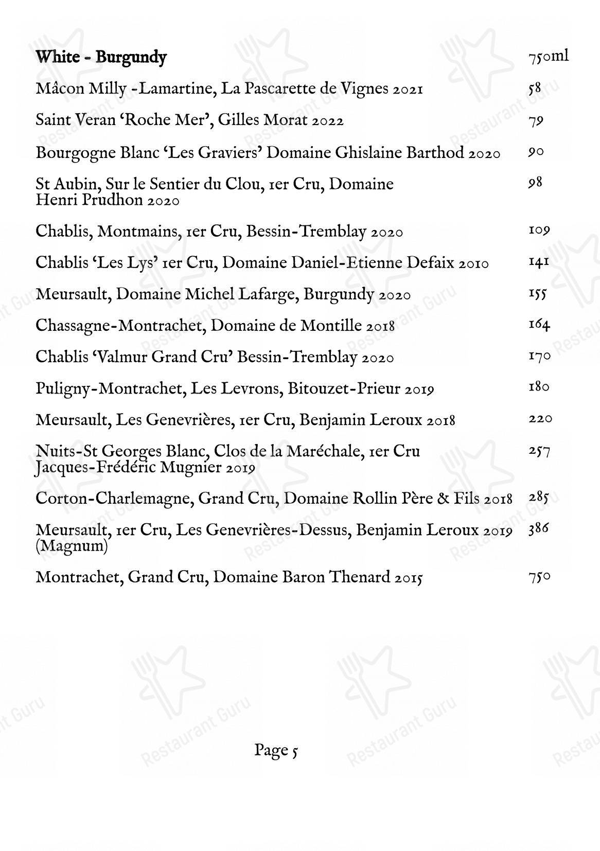 Menu at Fallow restaurant, London