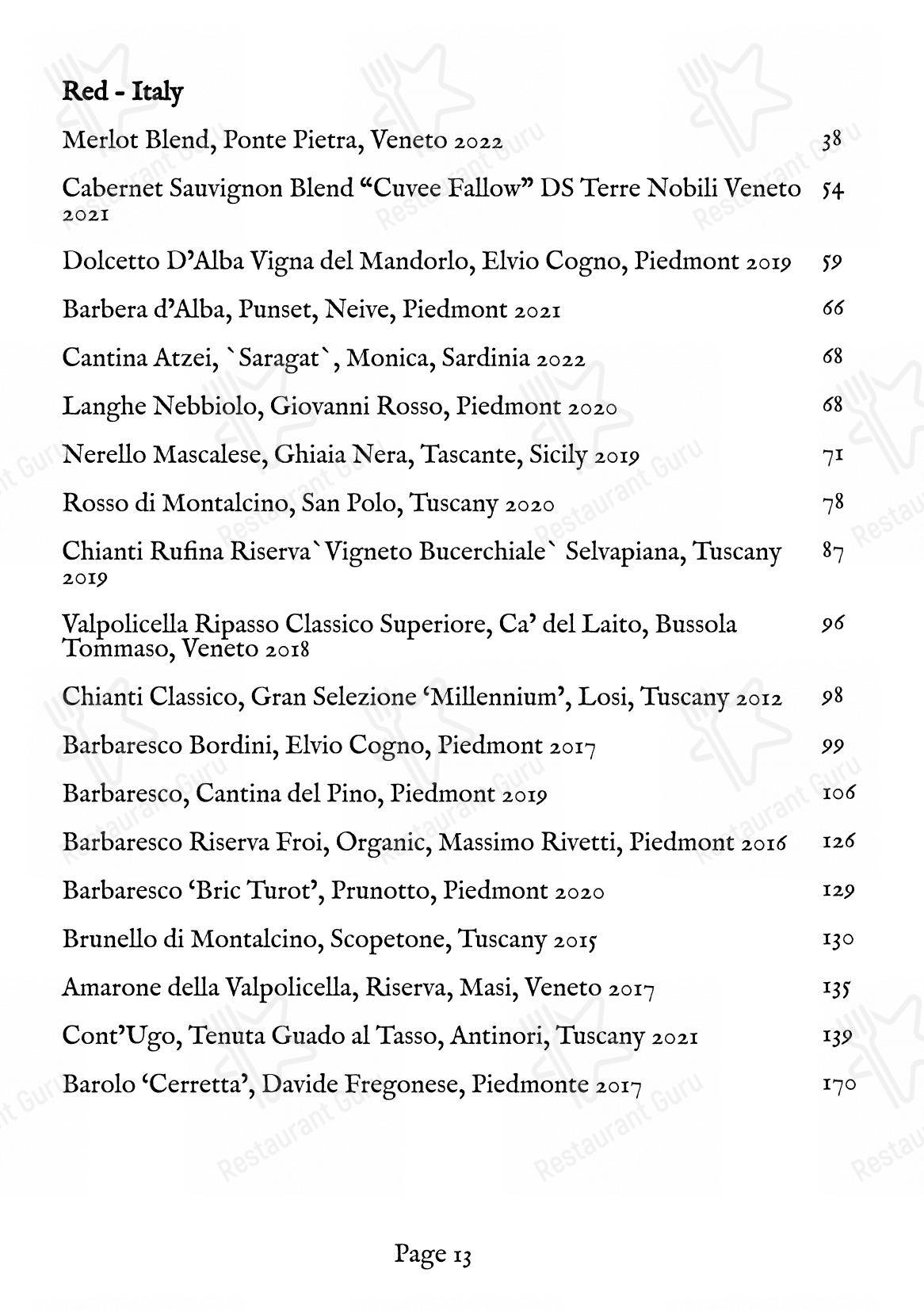 Menu at Fallow restaurant, London