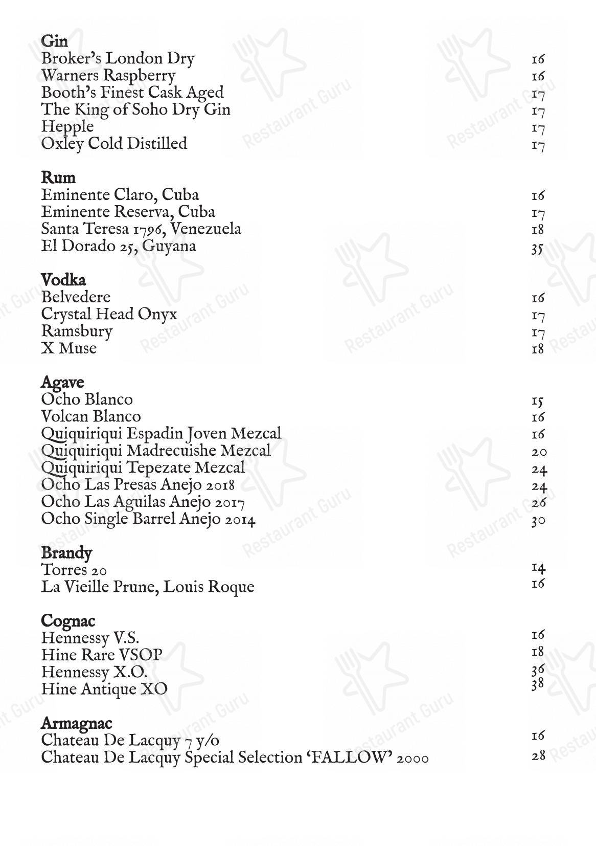 Menu at Fallow restaurant, London