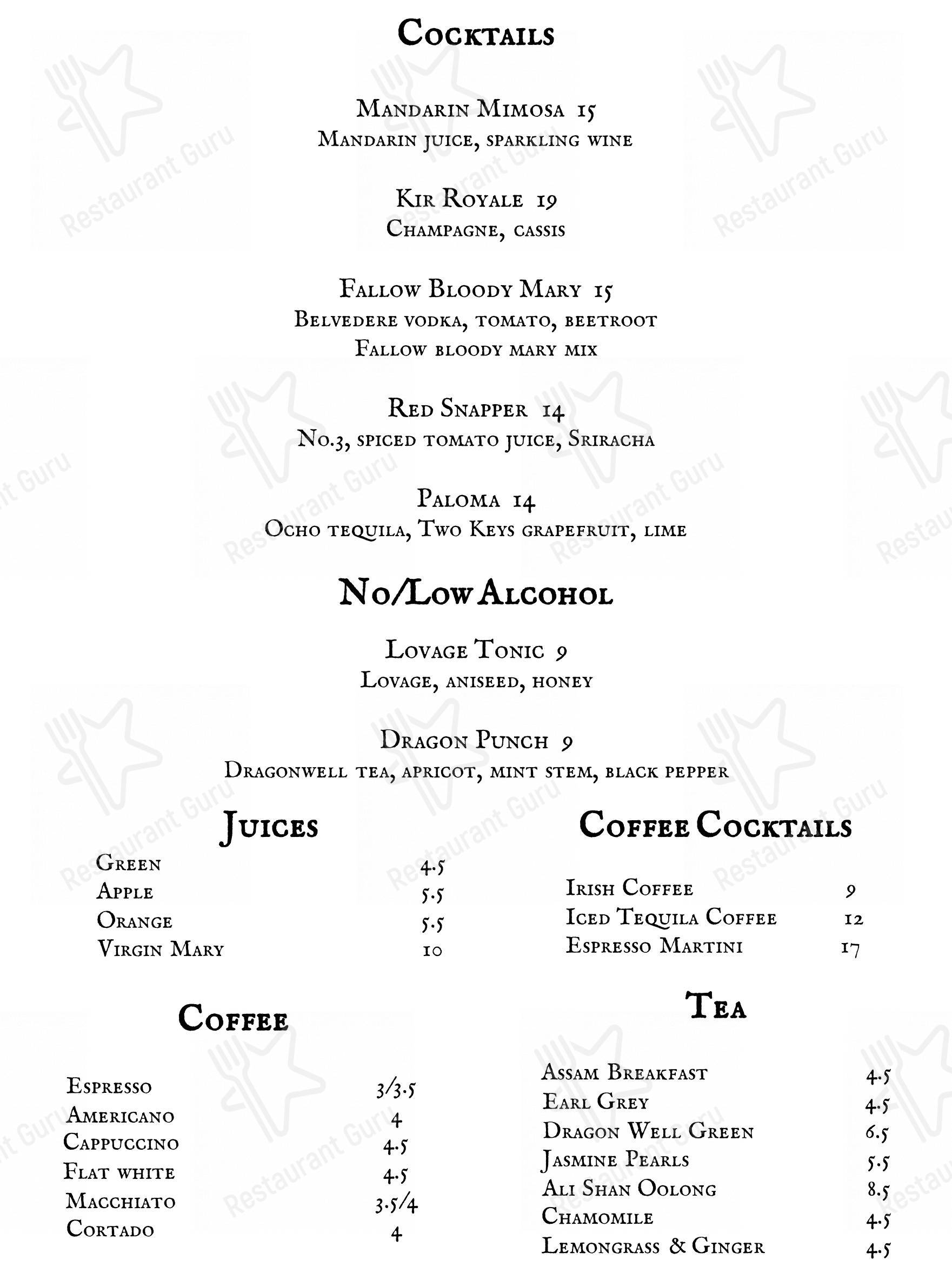 Menu at Fallow restaurant, London
