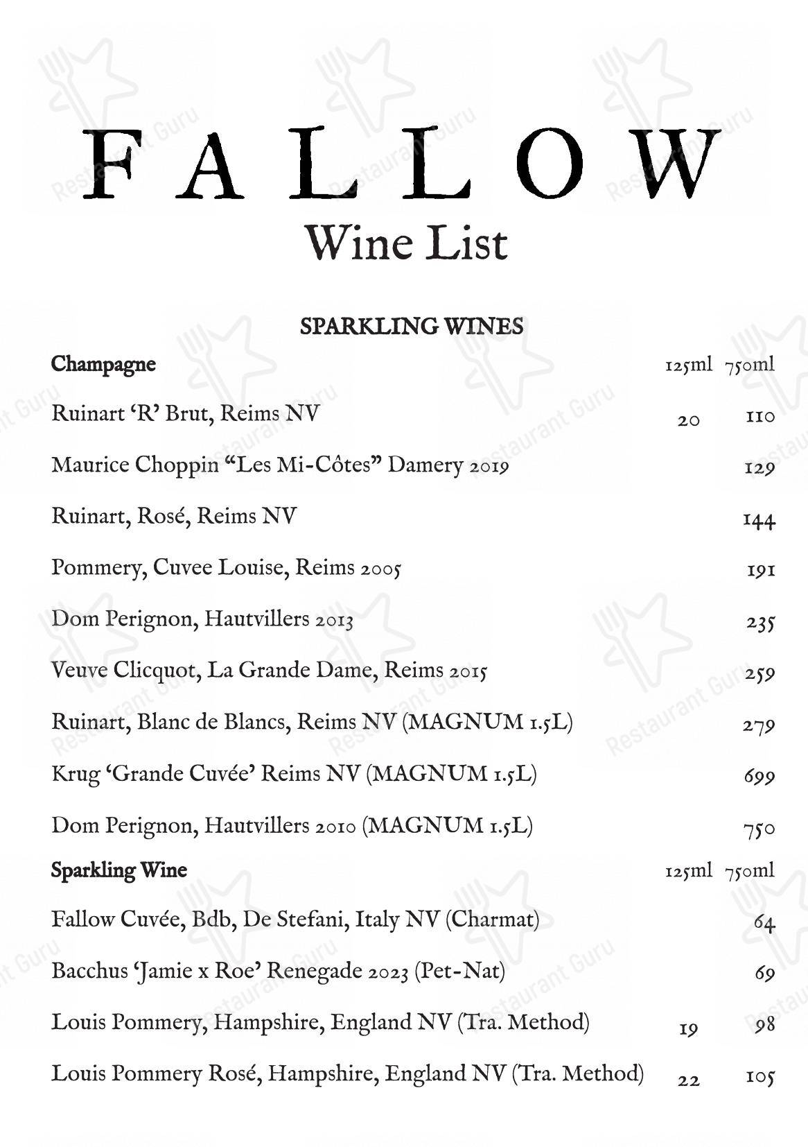 Menu at Fallow restaurant, London