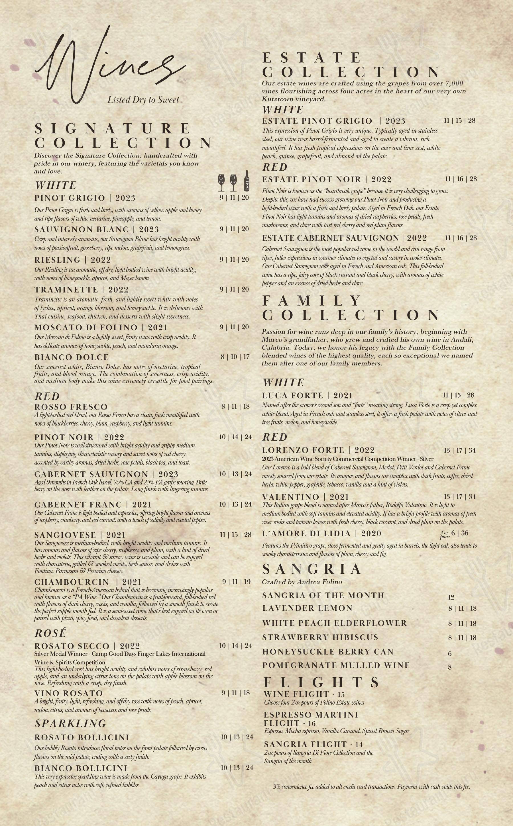 Menu at Folino Estate pub & bar, USA
