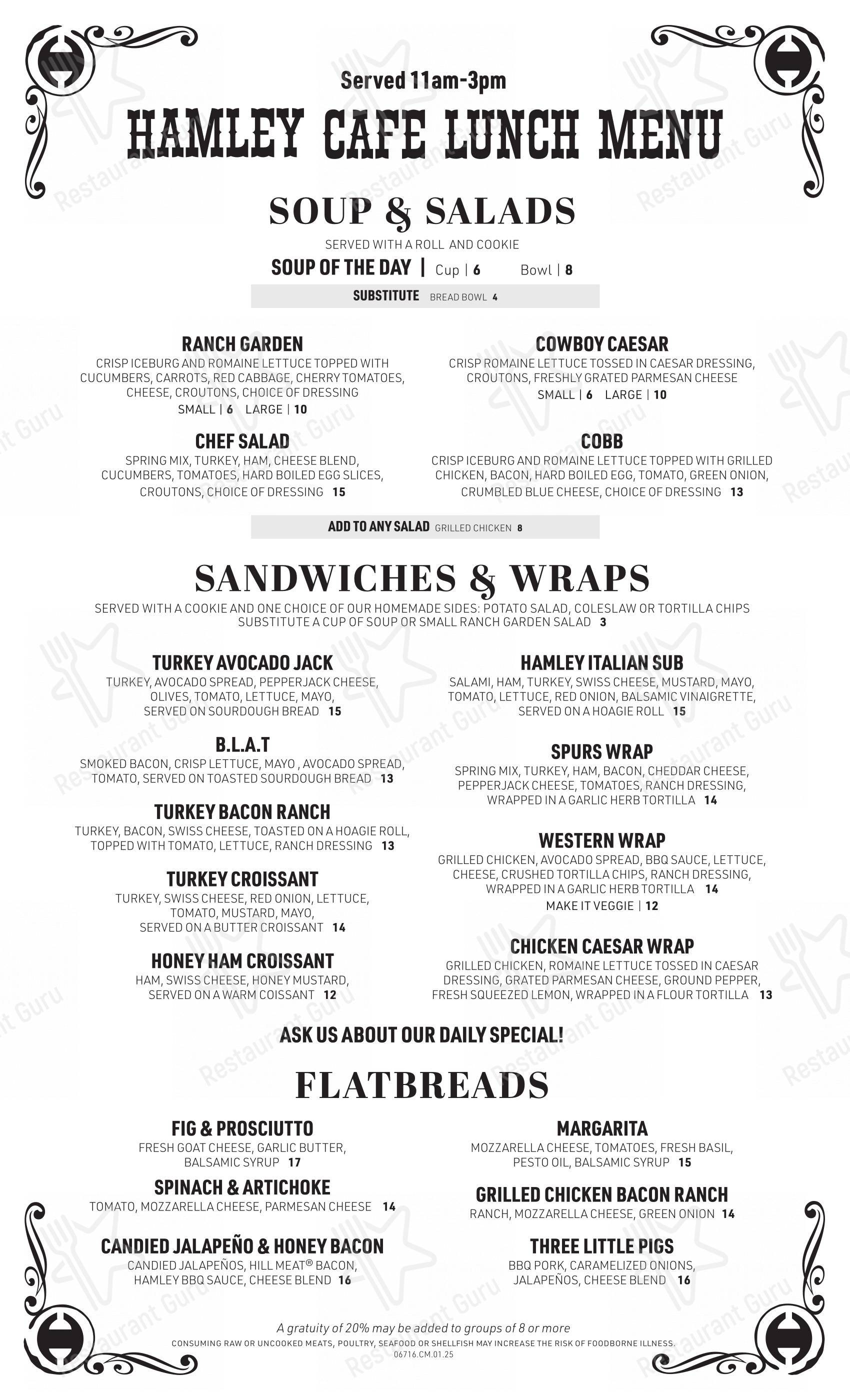 Menu at Hamley Cafe, Pendleton