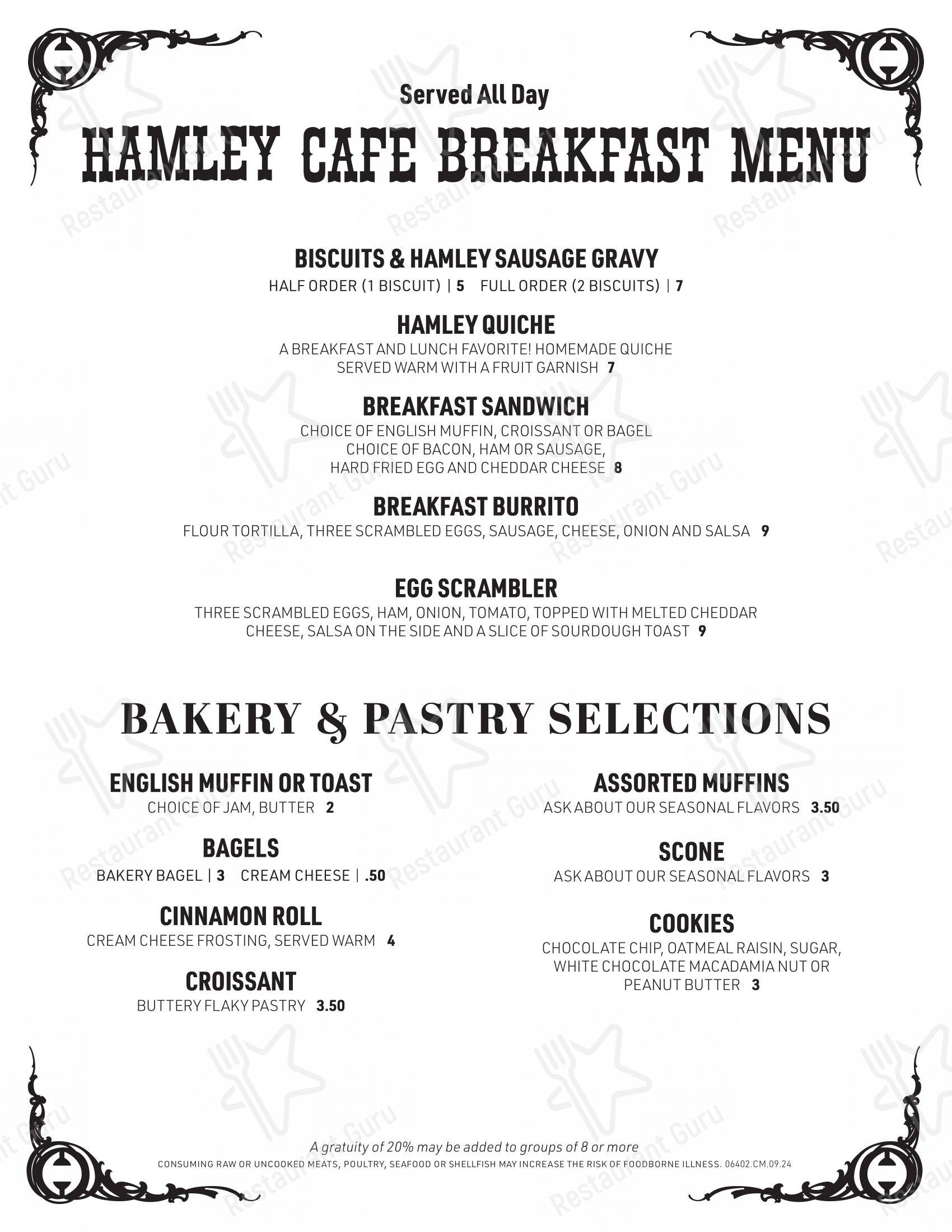 Menu at Hamley Cafe, Pendleton