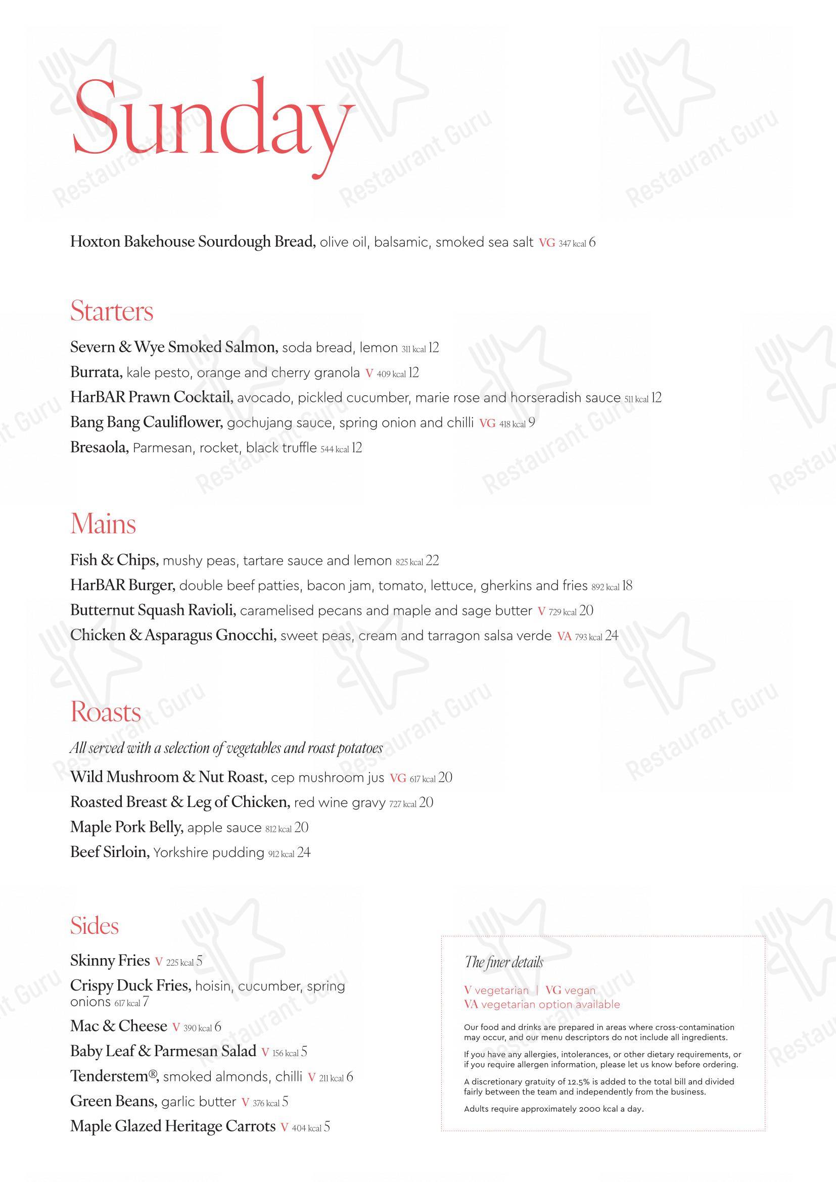 Menu at HarBAR on 6th, Southampton