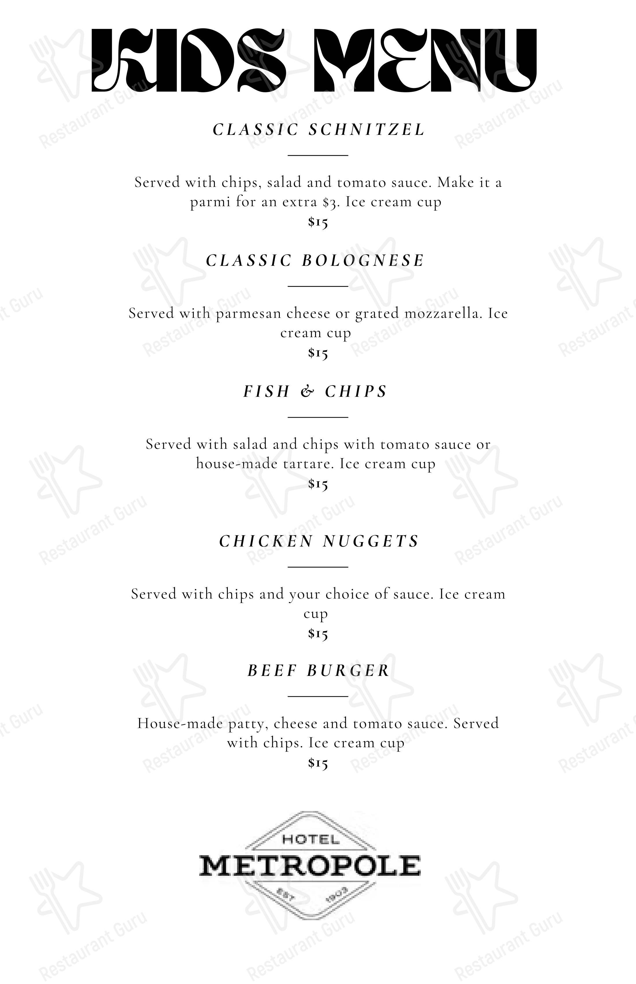 Menu at Hotel Metropole restaurant, Ipswich, 253 Brisbane St