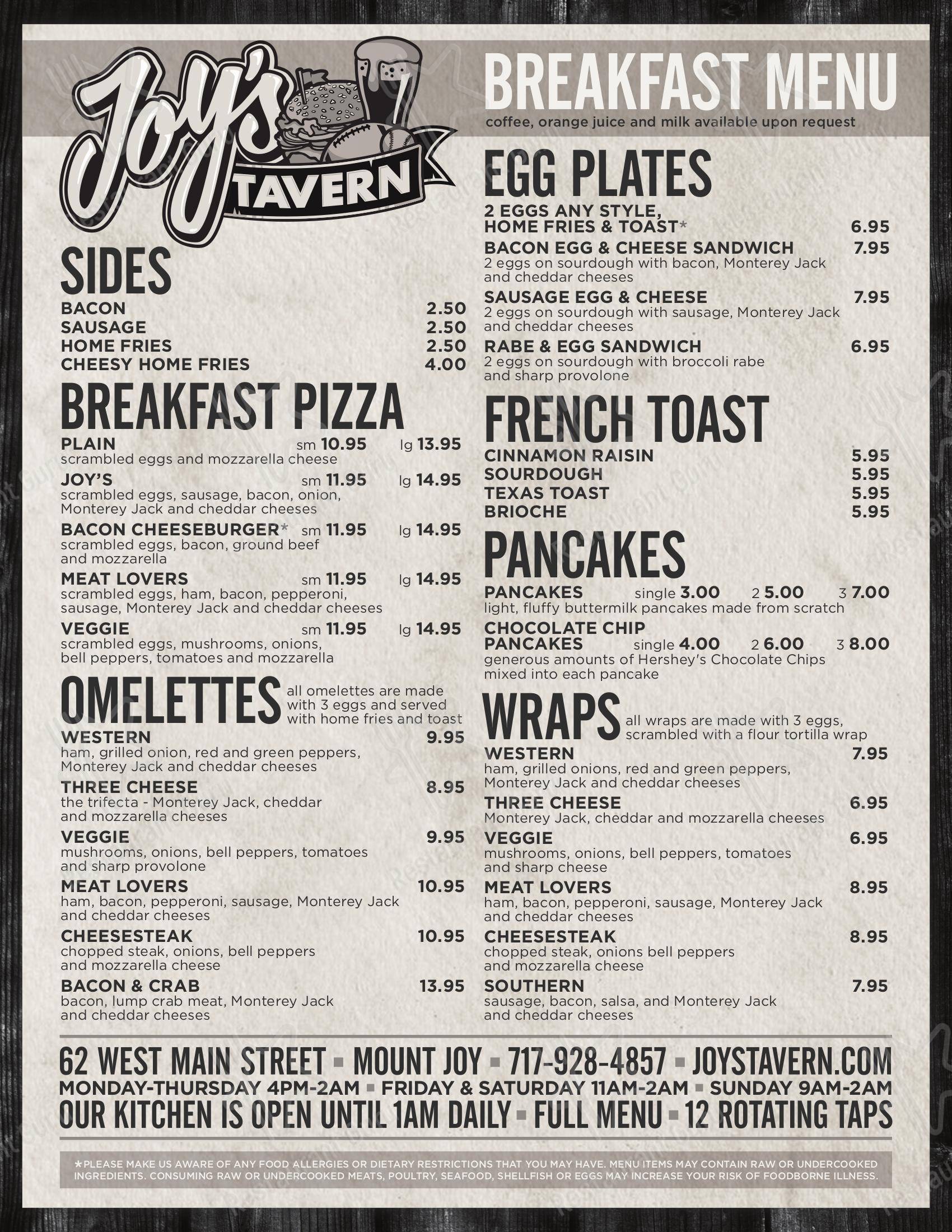 Menu at Joy's Tavern pub & bar, Mount Joy, 62 W Main St