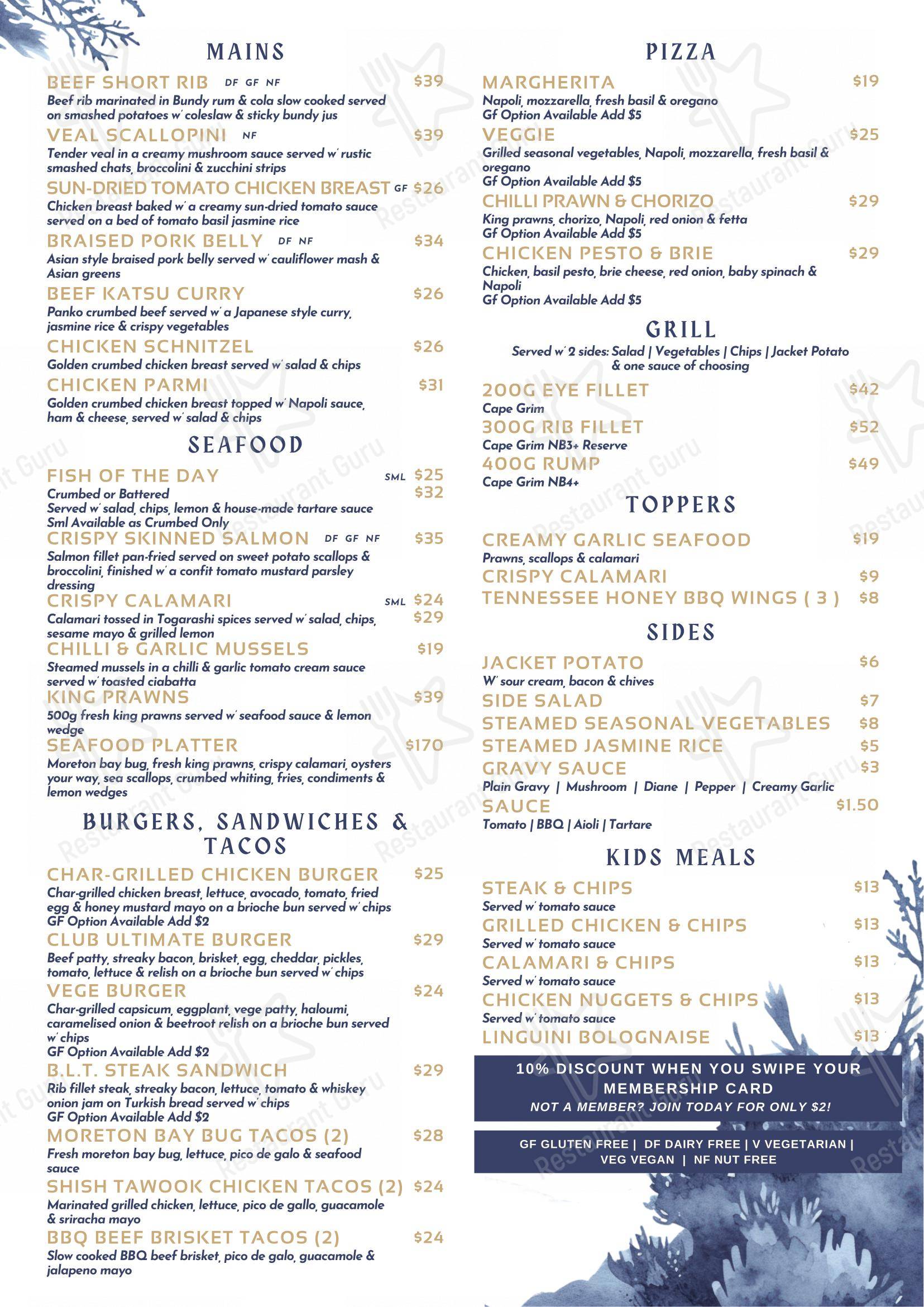 Menu at Keppel Bay Sailing Club, Yeppoon
