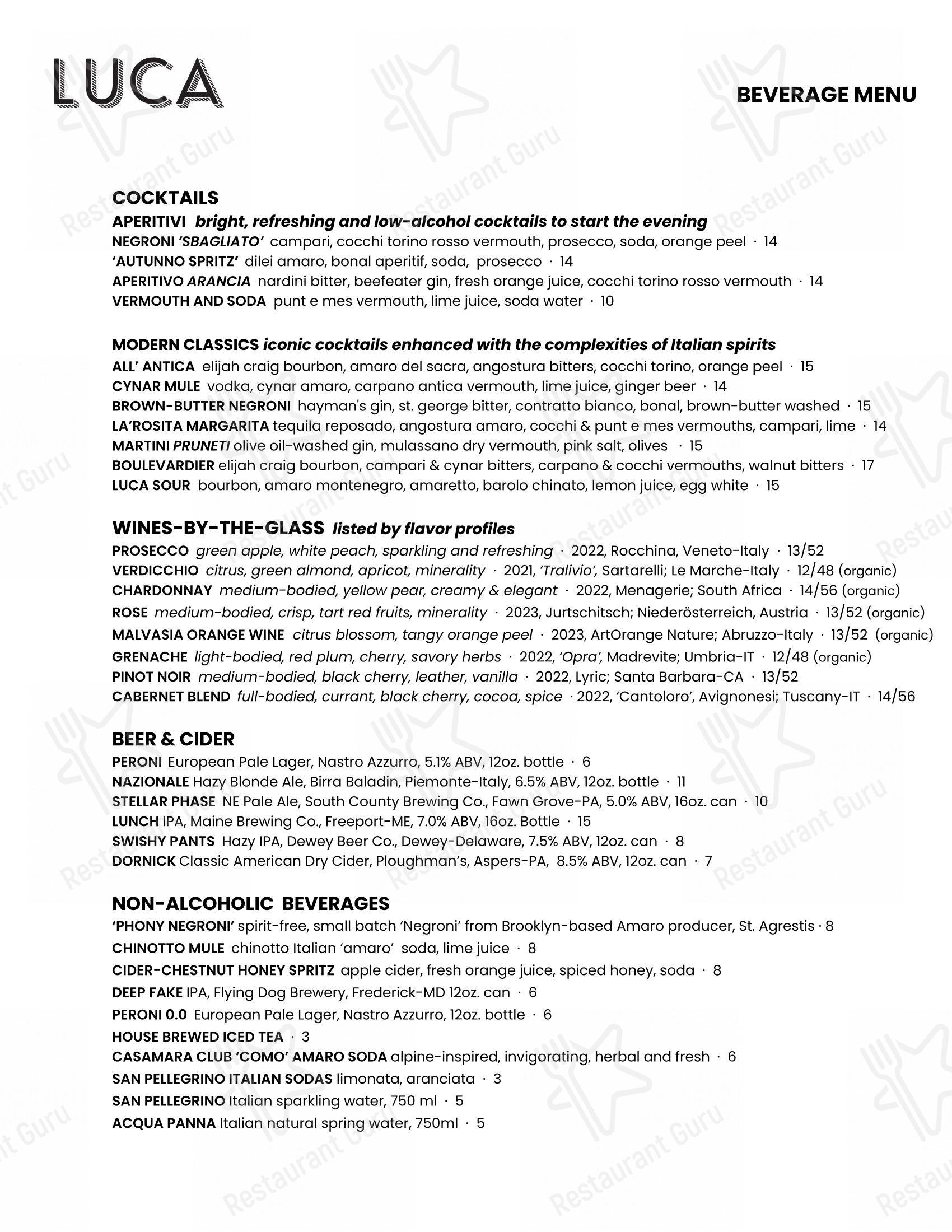Menu at LUCA pizzeria, Lancaster