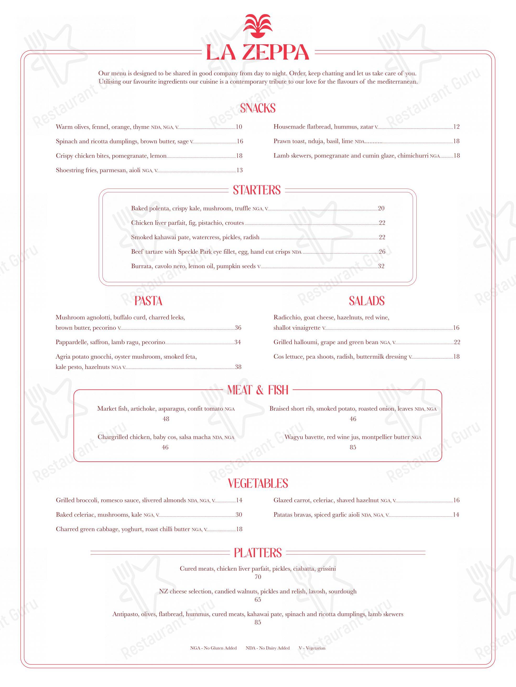 Menu at La Zeppa Kitchen and Bar, Auckland