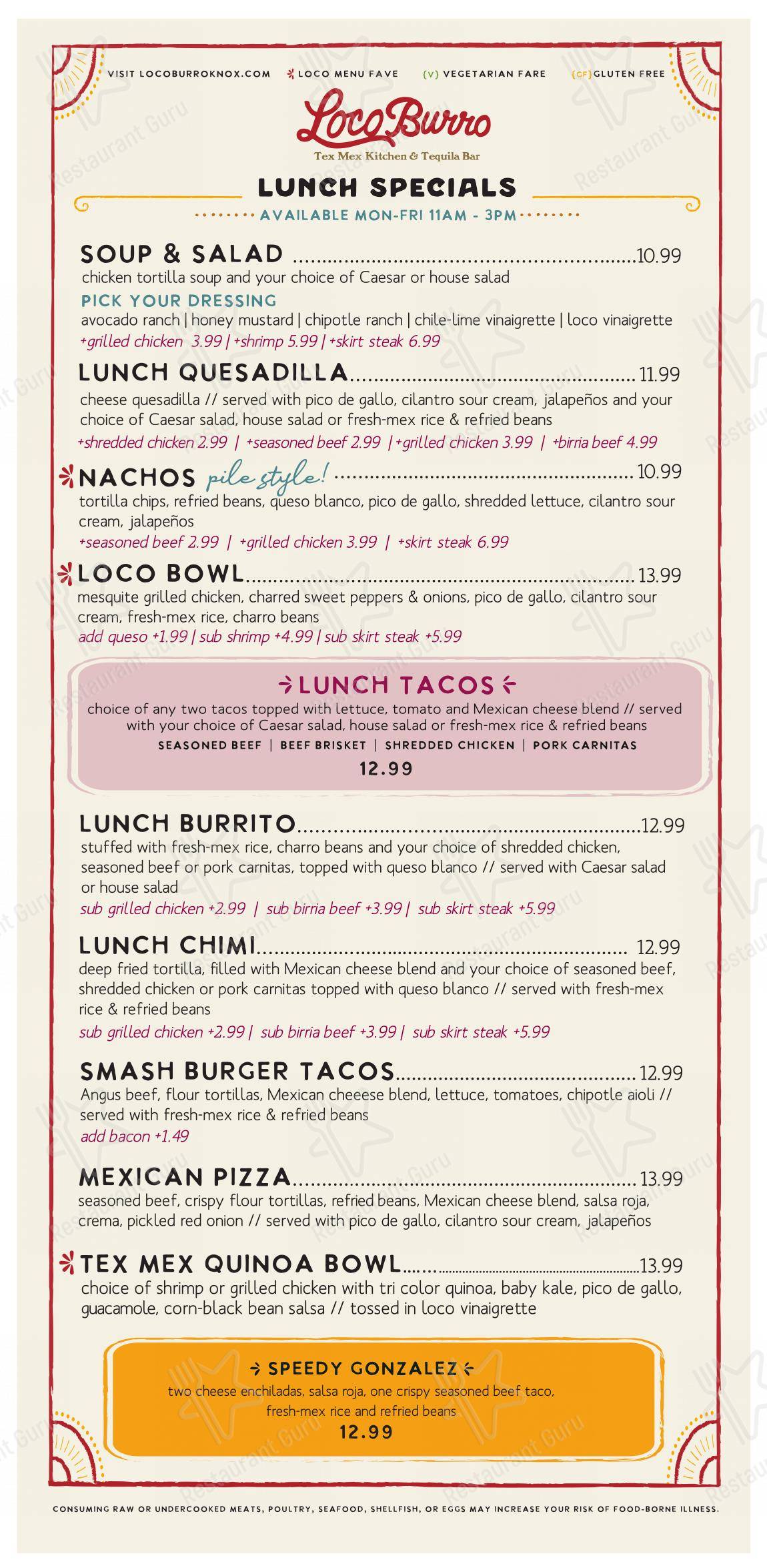 Menu at Loco Burro Fresh Mex Cantina and Tequila Bar, Knoxville