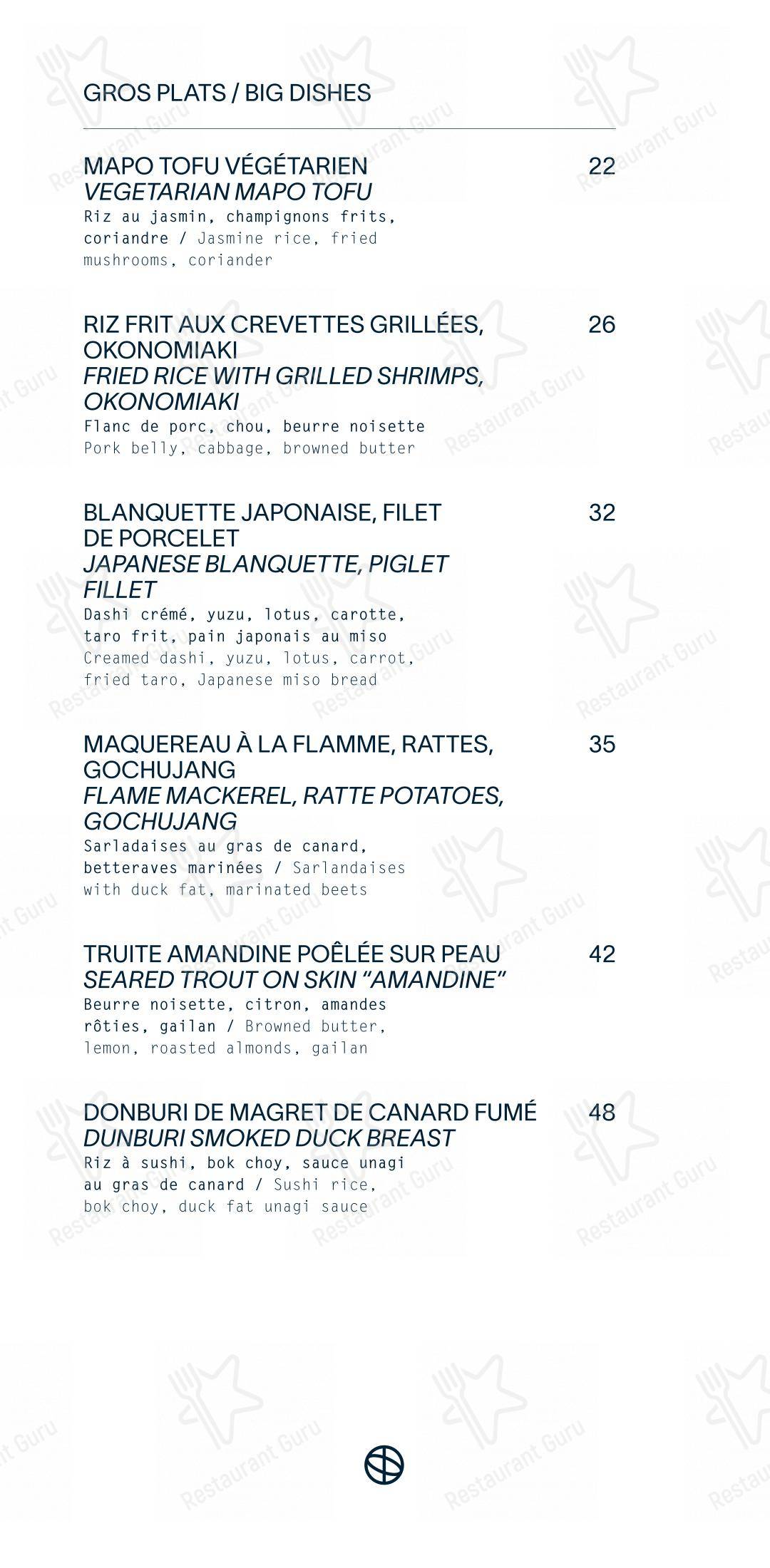Menu au NOMI restaurant, Montréal
