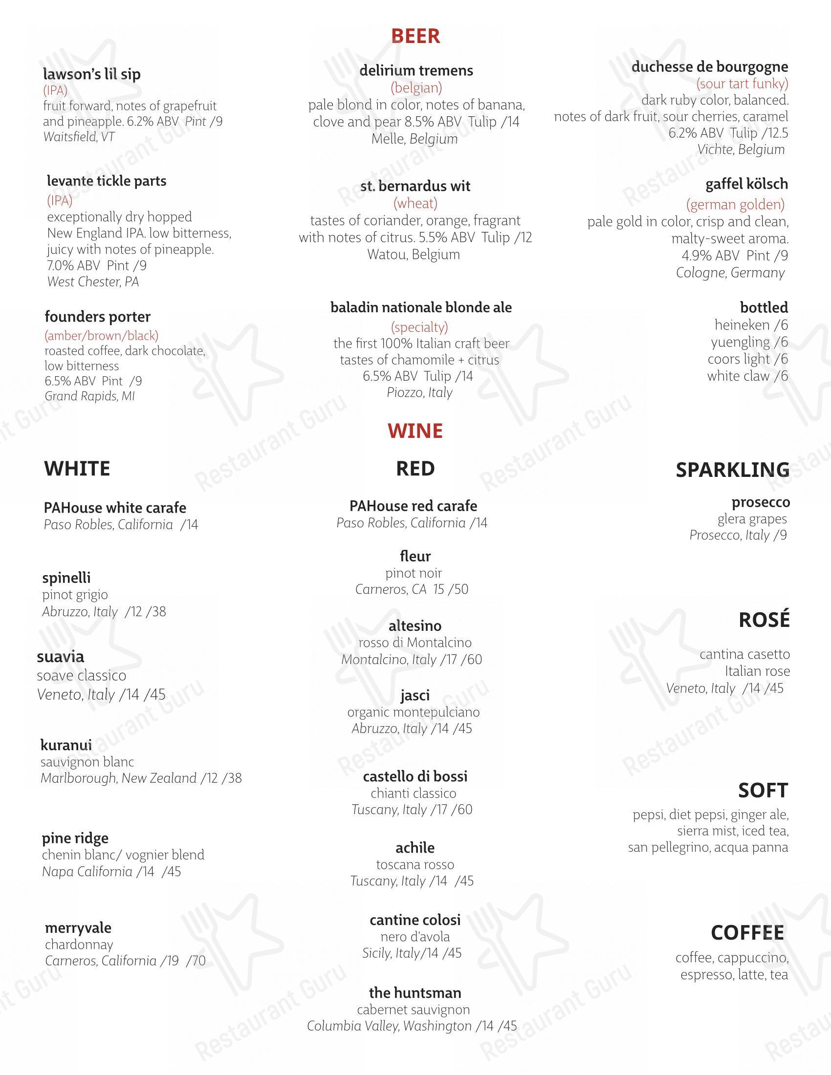 Menu at PA House desserts, Hellertown