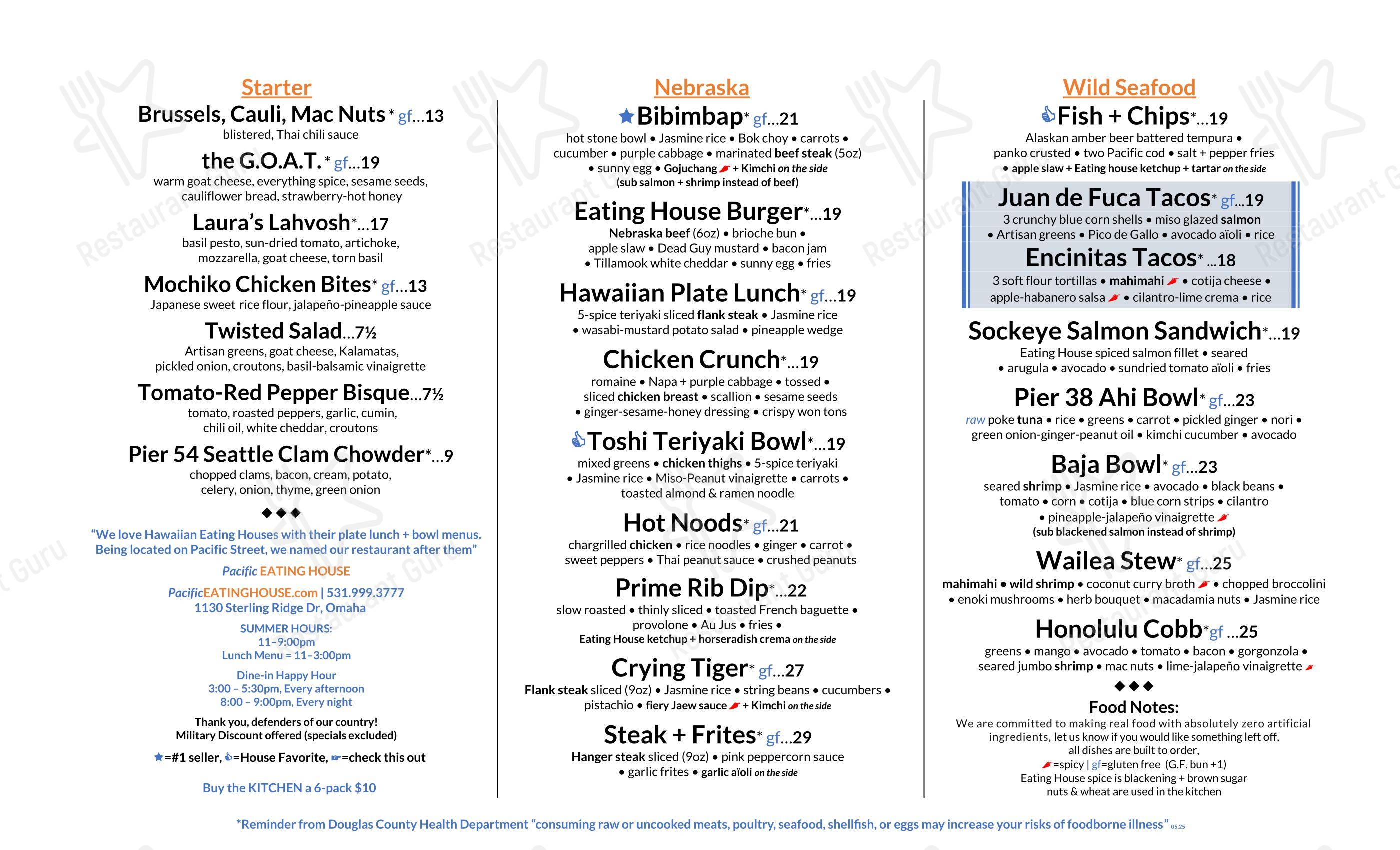 Menu at Pacific Eating House restaurant, Omaha