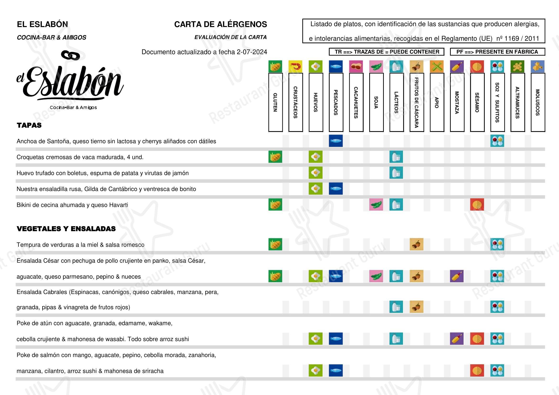 Carta de Restaurante El Eslabón, Móstoles