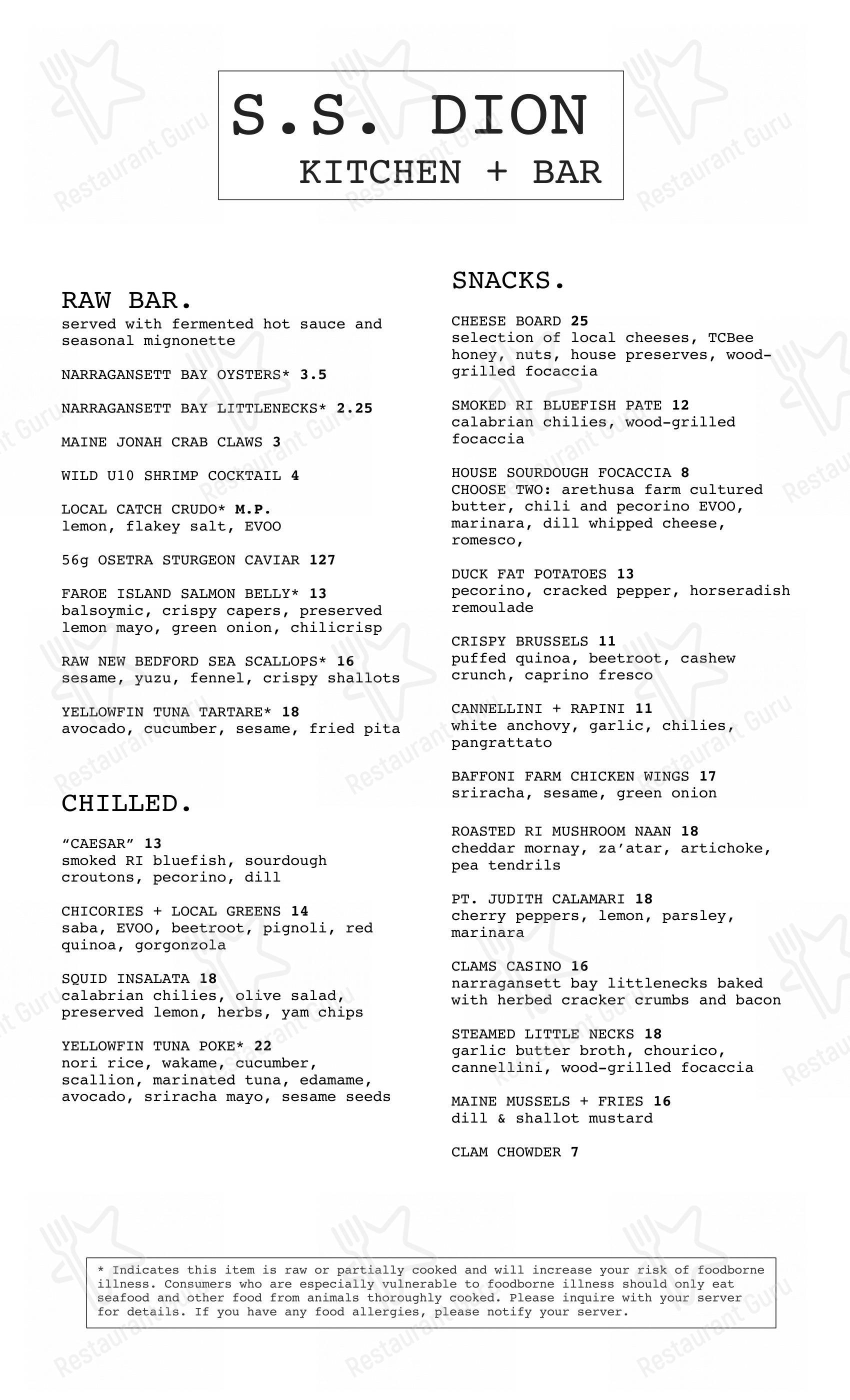 Menu at S S Dion restaurant, Bristol