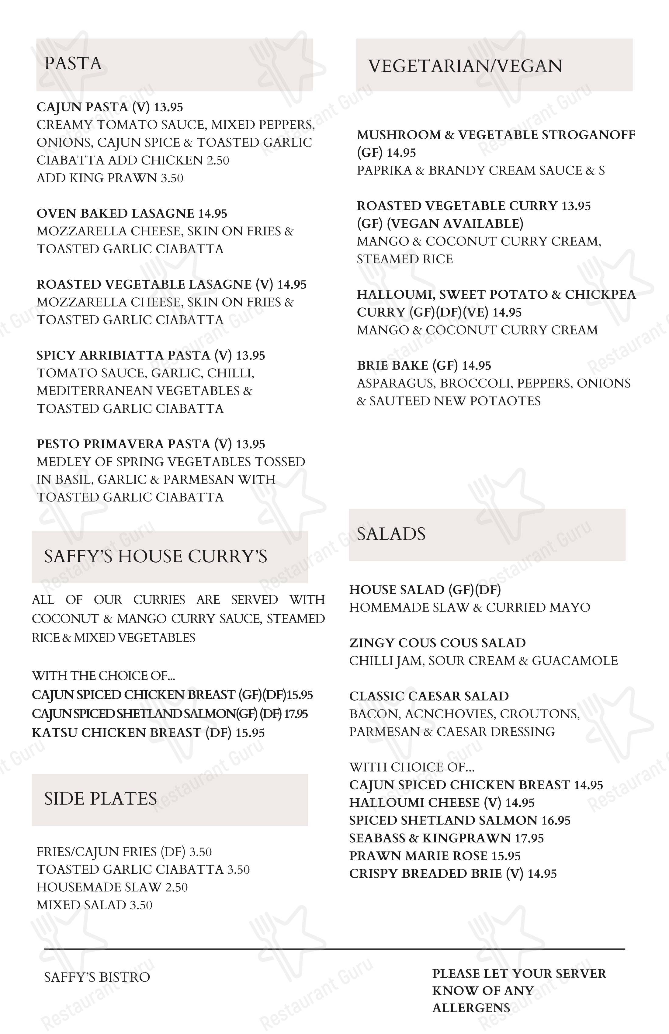 Menu at Saffy's Bistro restaurant, Ayr