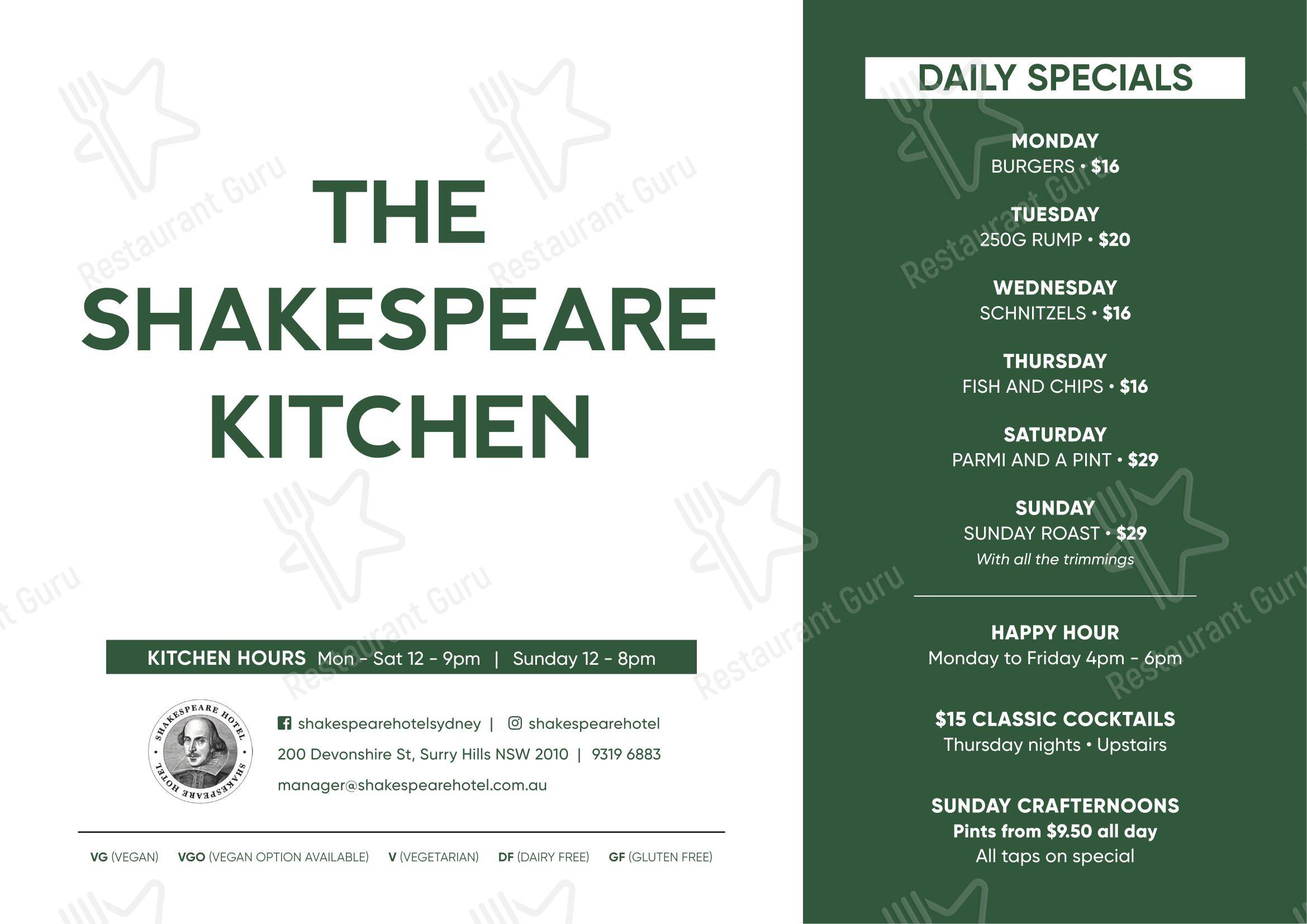 Menu at Shakespeare Hotel pub & bar, Surry Hills