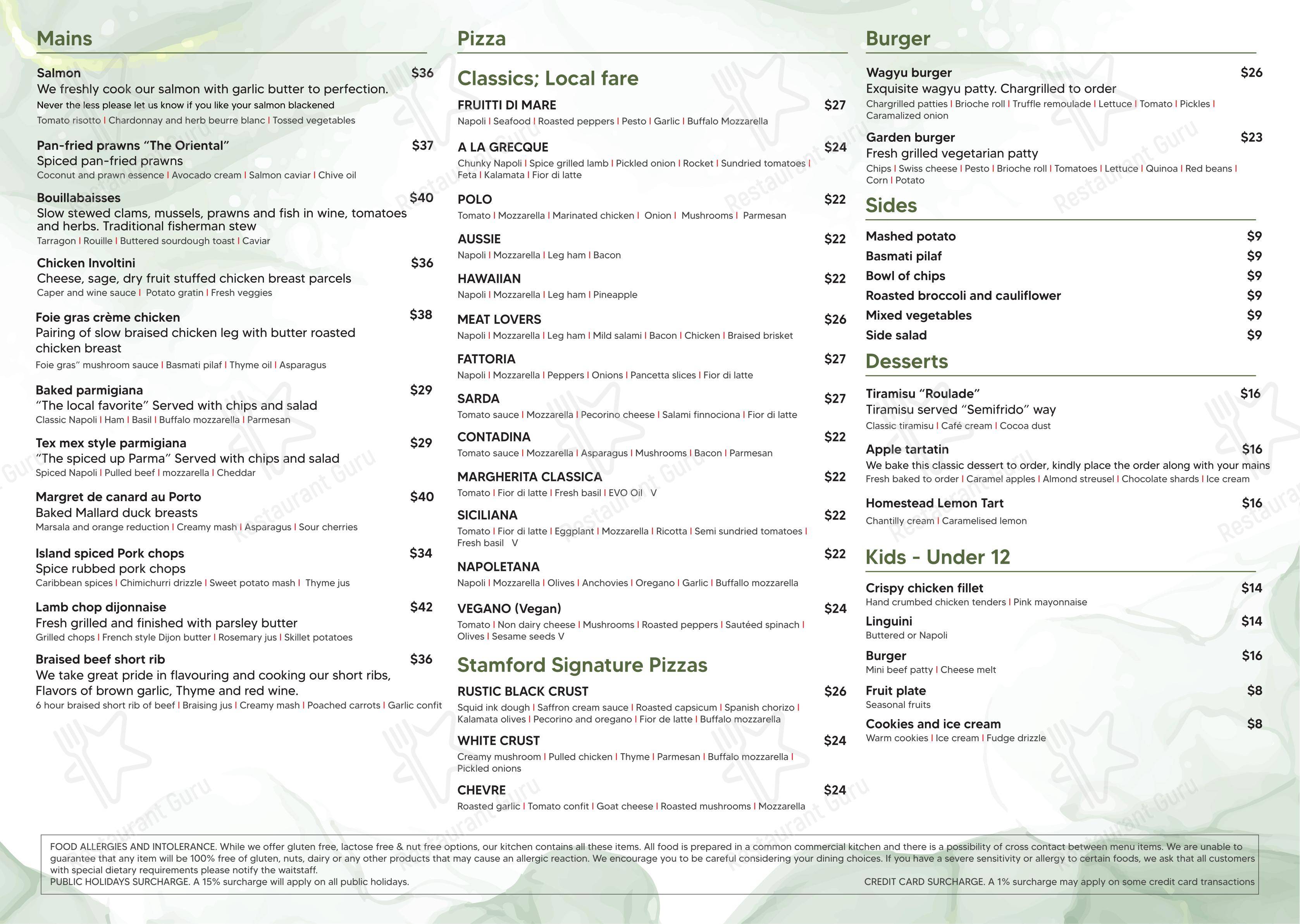 Menu at Stamford Park Homestead restaurant, Rowville