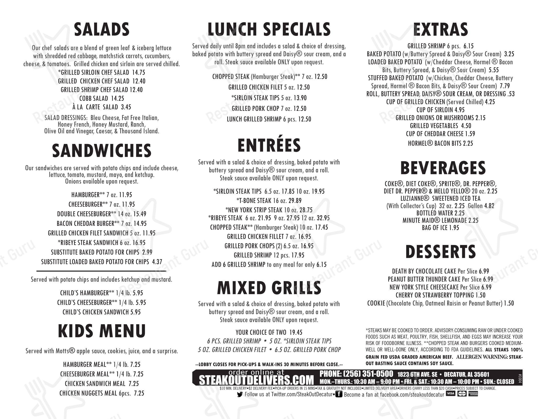 Menu at Steak-Out Charbroiled Delivery steakhouse, Decatur, 6th Ave SE