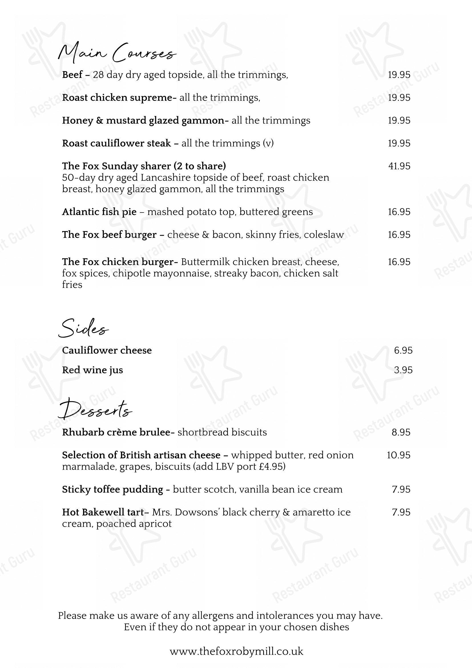 Menu at The Fox at Roby Mill pub & bar, Skelmersdale
