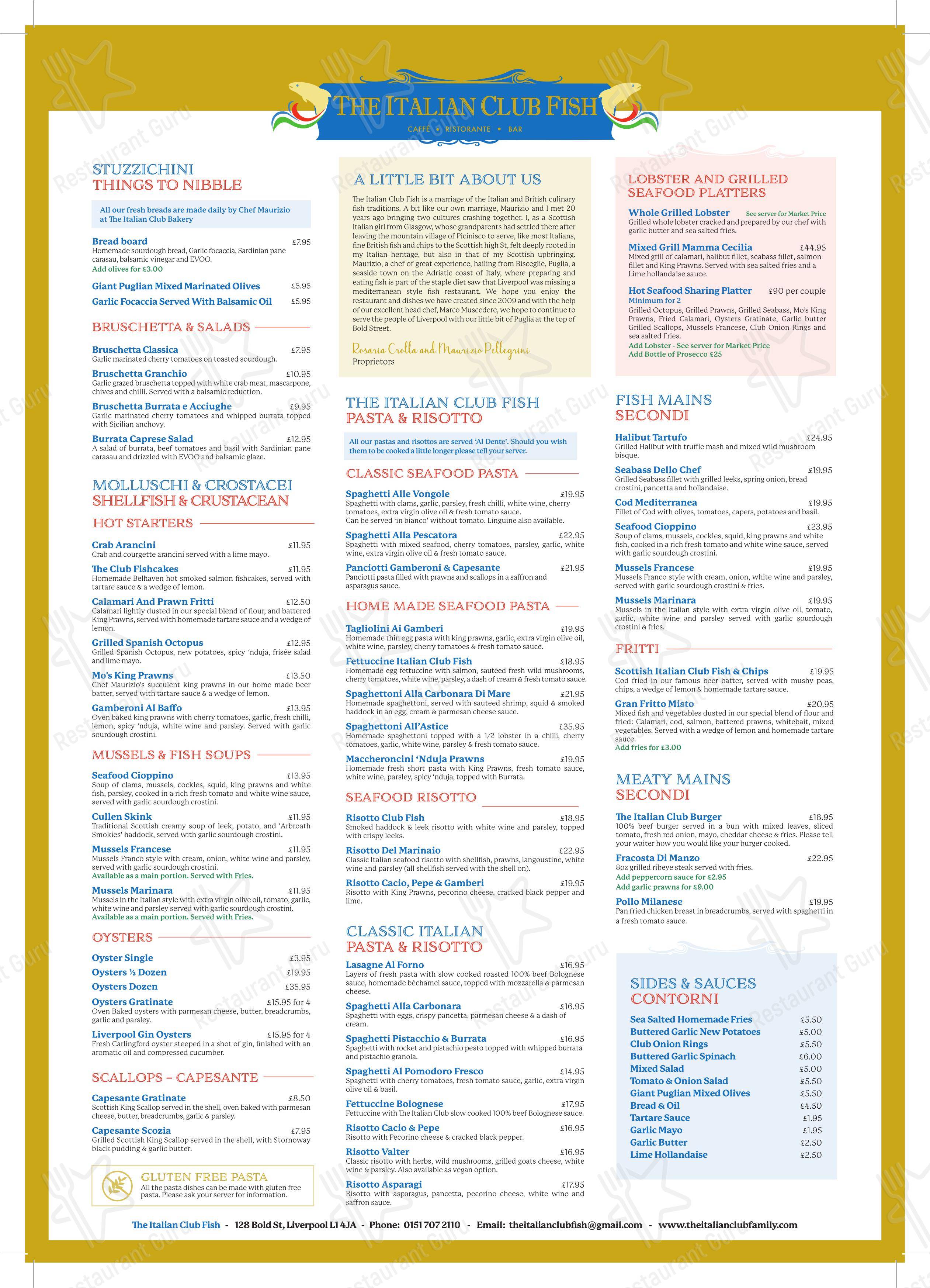 Menu at The Italian Club, Liverpool, 85 Bold St