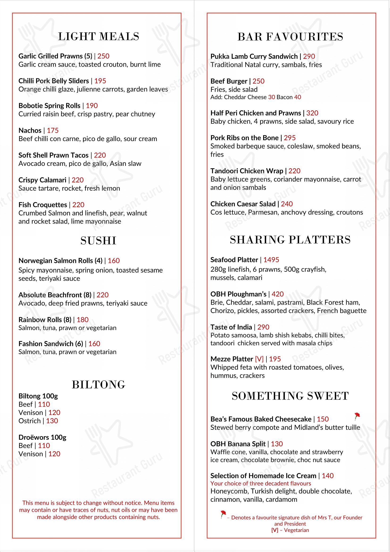 Menu at The Lighthouse Bar, Umhlanga, 2 Lighthouse Rd
